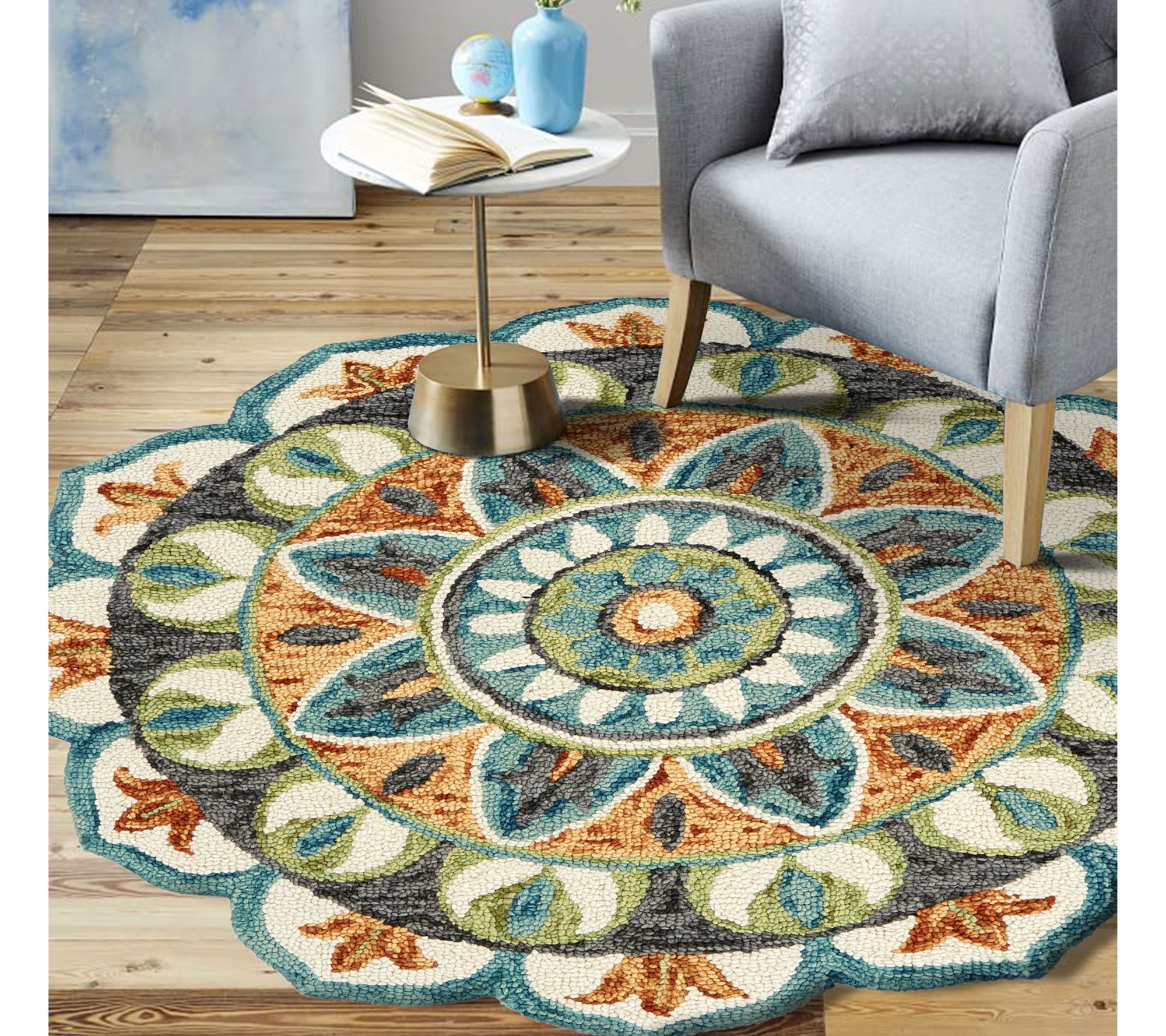 Ox Bay Mira Teal Floral Medallion Wool Indoor 4' Round Rug - QVC.com