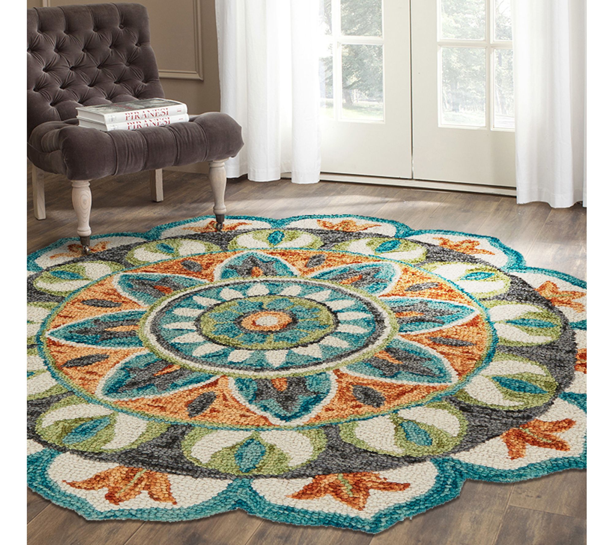 Ox Bay Mira Teal Floral Medallion Wool Indoor 4' Round Rug - QVC.com