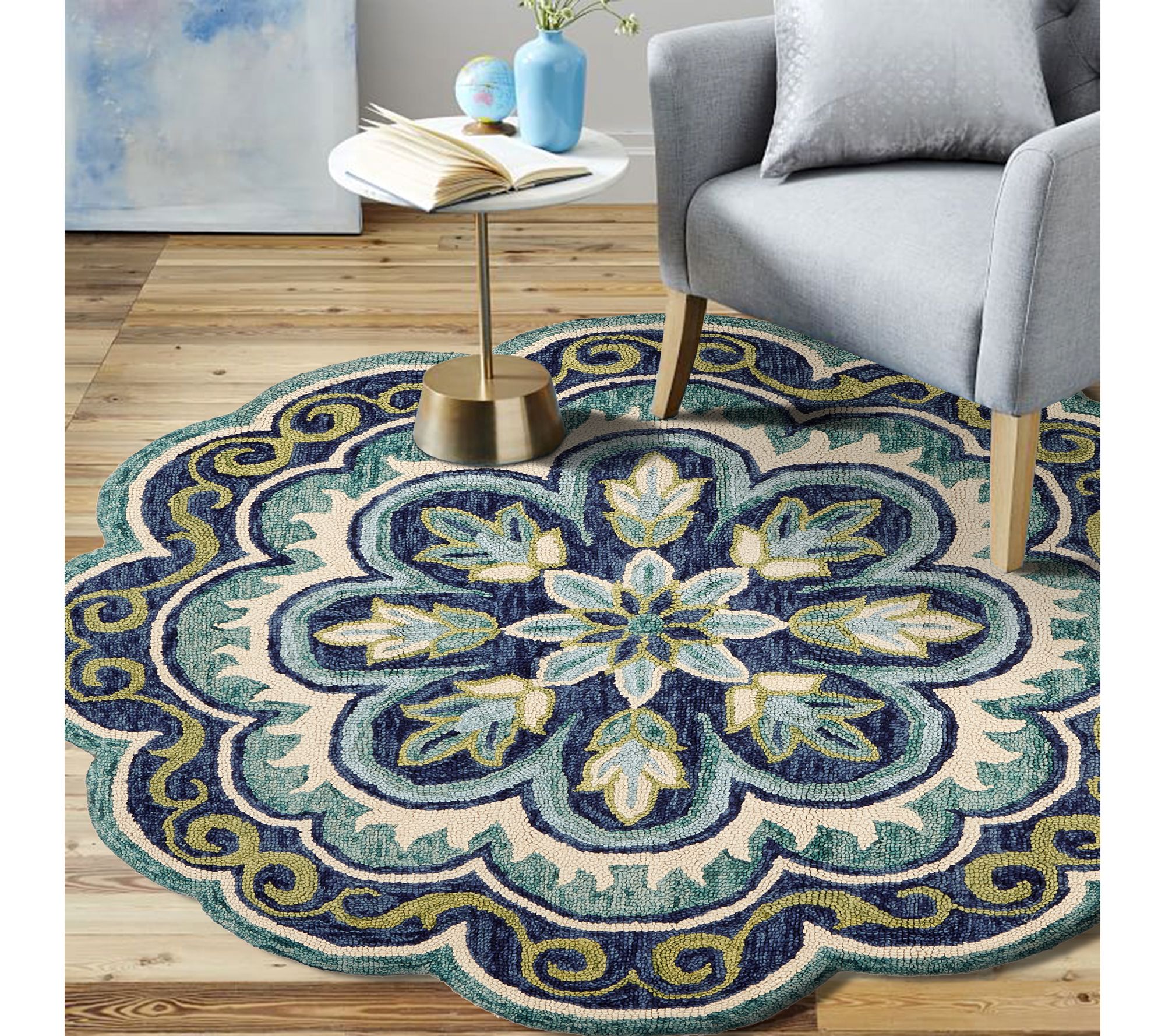 Ox Bay Mia Green Floral Medallion Wool Indoor 4' Round Rug - QVC.com
