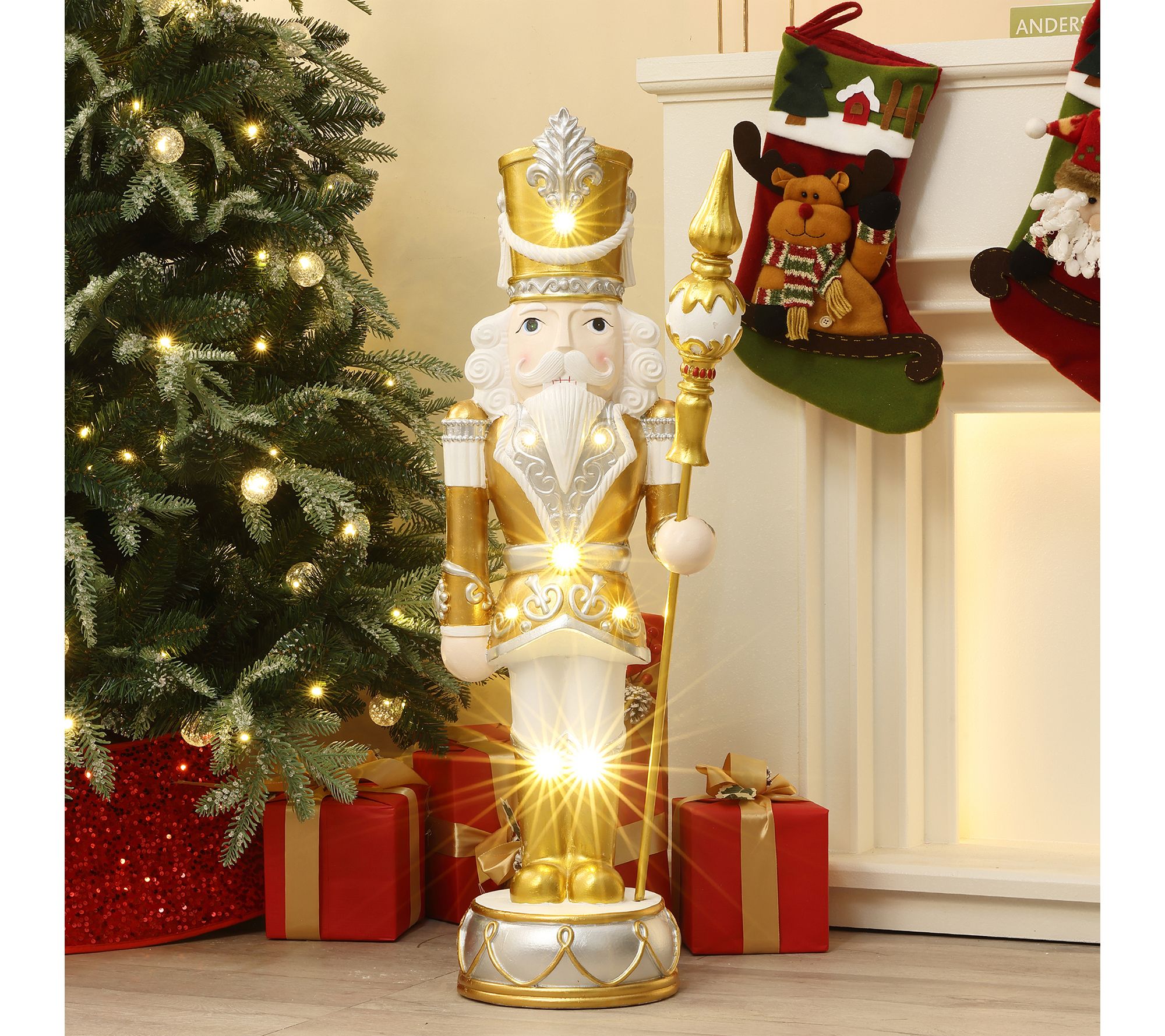 LuxenHome 3ft Lighted Silver and Gold Nutcracker with Scepter - QVC.com