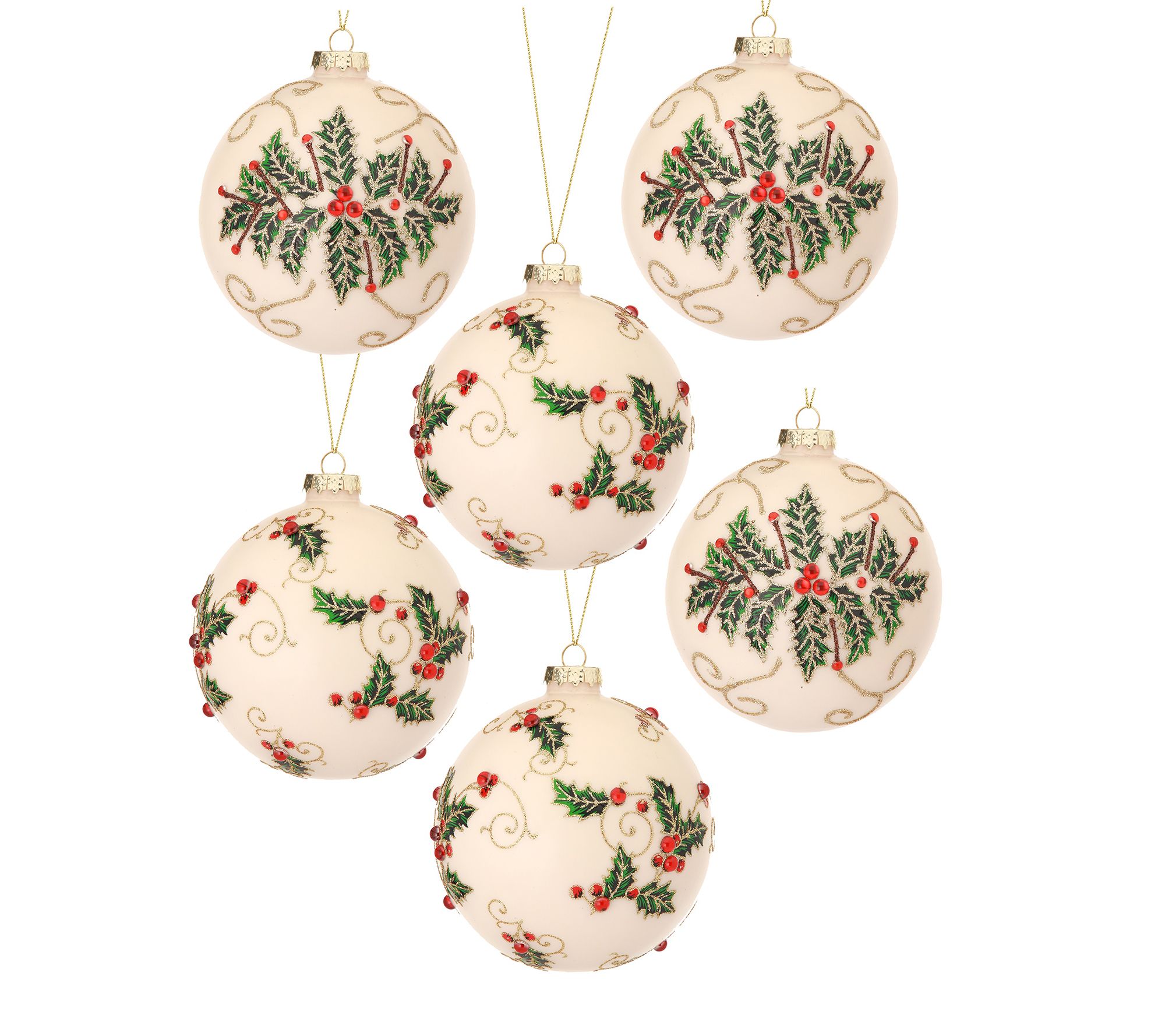 4" Glass Jewel Holly Vine Ball Ornament Set of 6 by Valerie - QVC.com