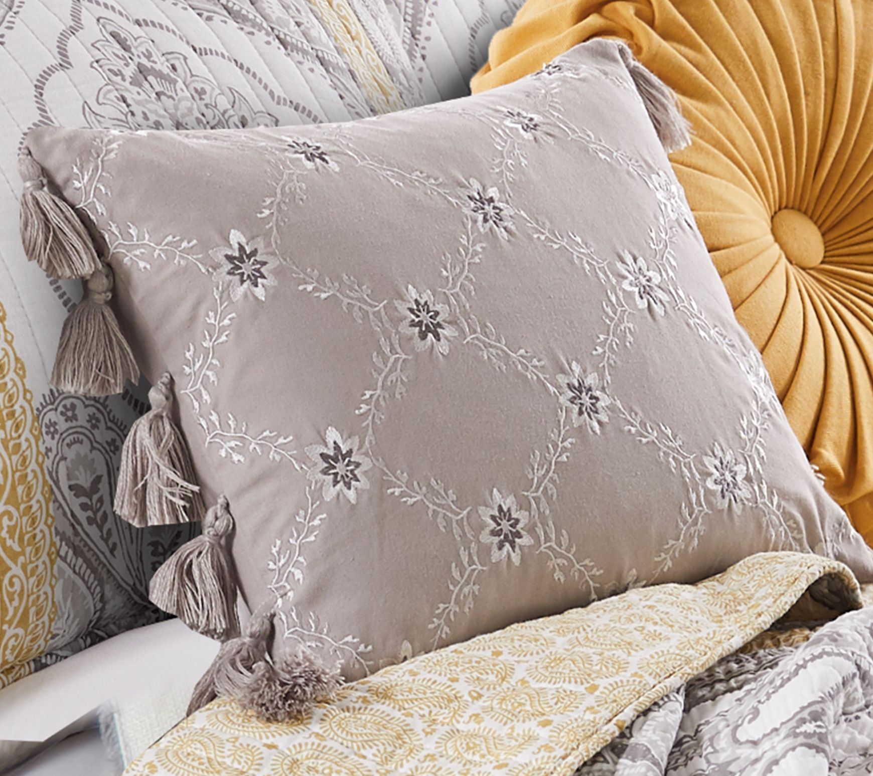 Levtex Home St. Ives Grey Floral Embroidered Decorative Pillow - QVC.com
