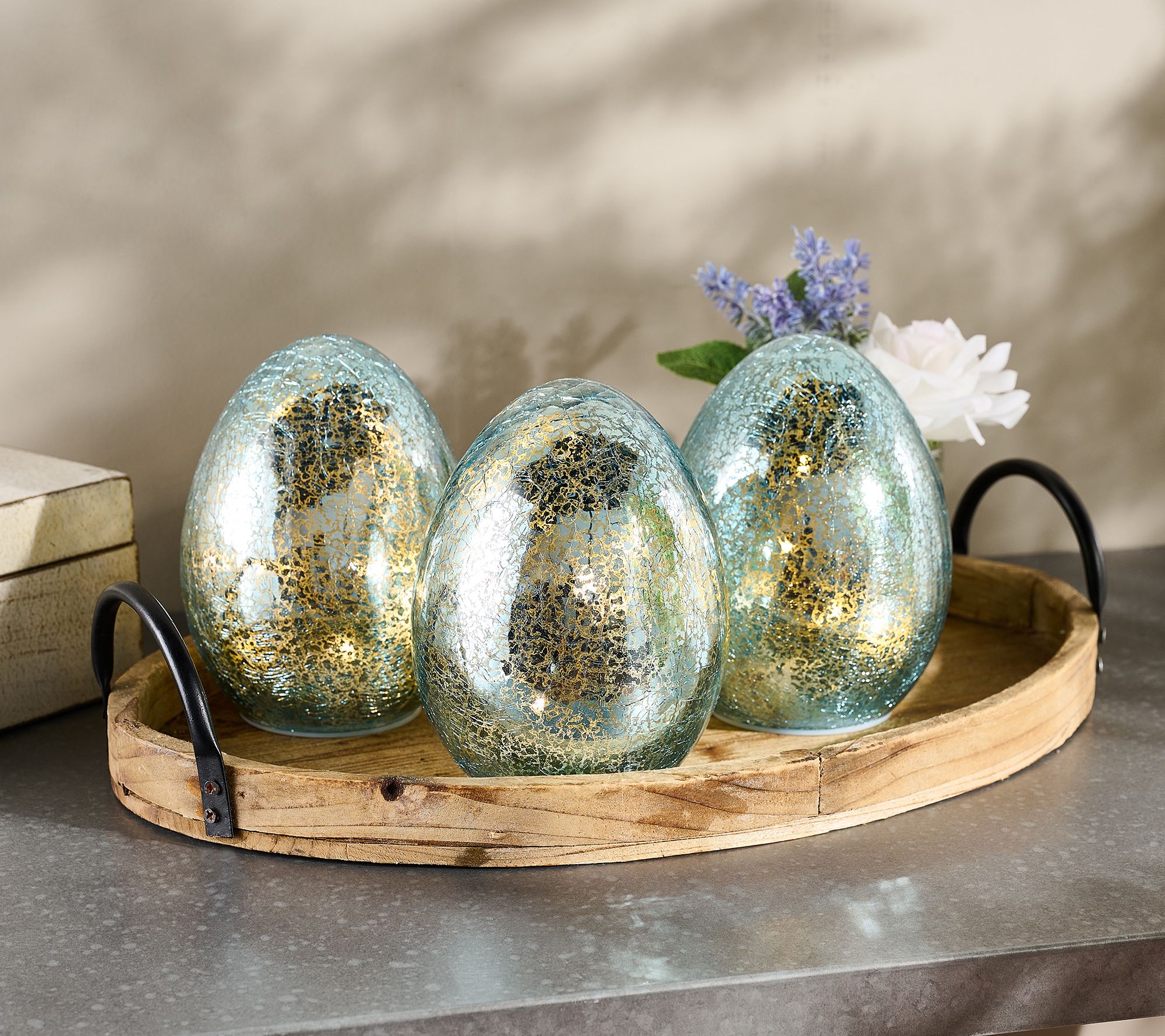 "As Is" Set of 3 6" Twinkling Mercury Glass Crackle Eggs by Valerie ...