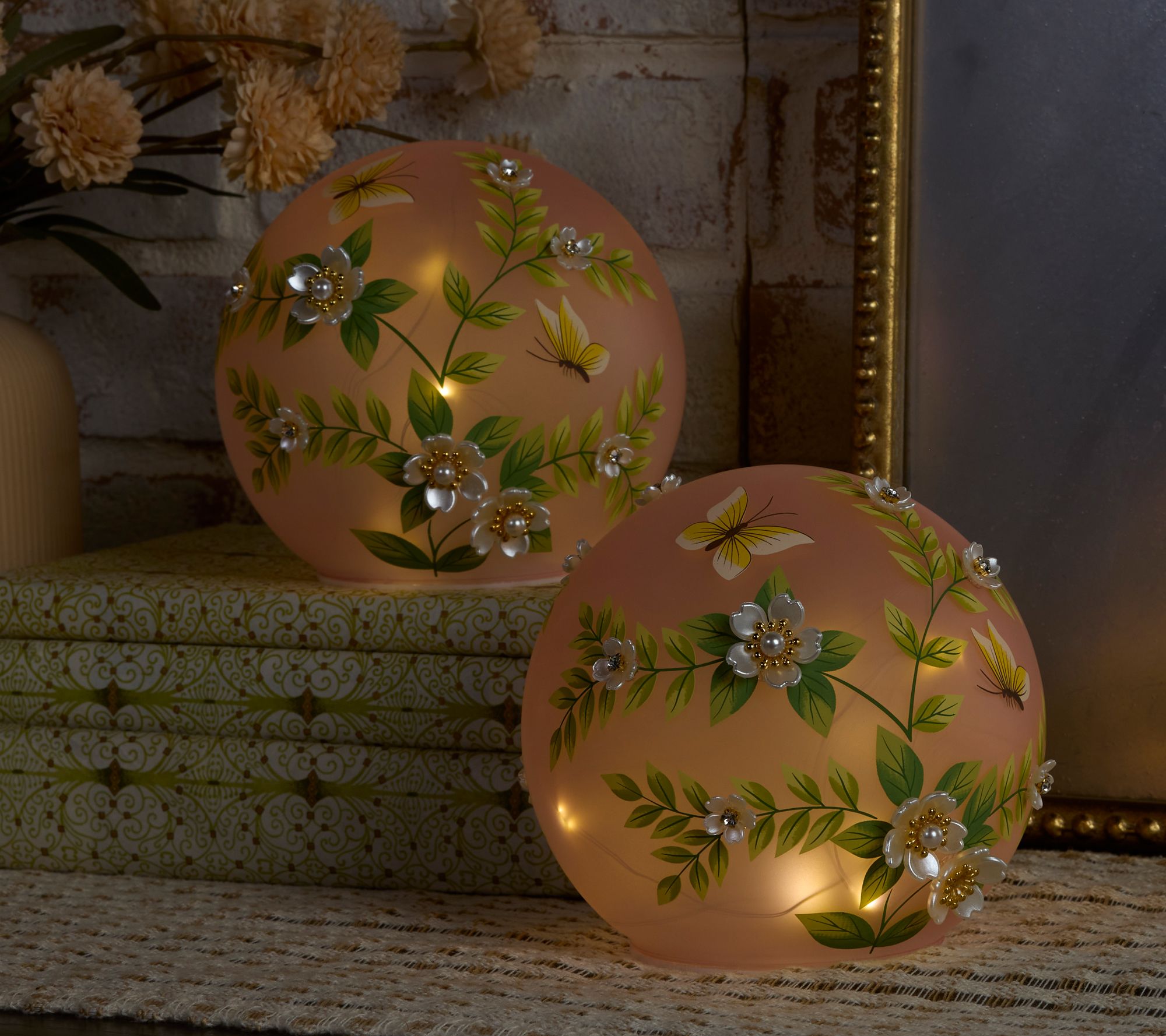 Set of 2 6" Illuminated Spheres w/Pearl Flowers by Valerie - QVC.com