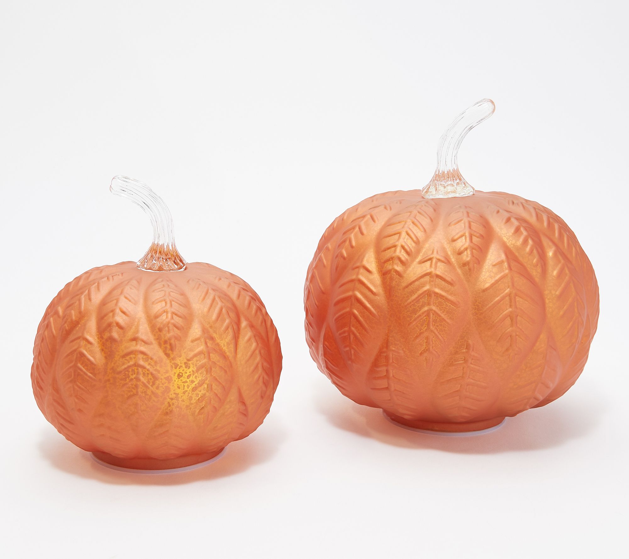 "As Is" Set of 2 Illuminated Embossed Leaf Glass Pumpkins by Valerie - QVC.com