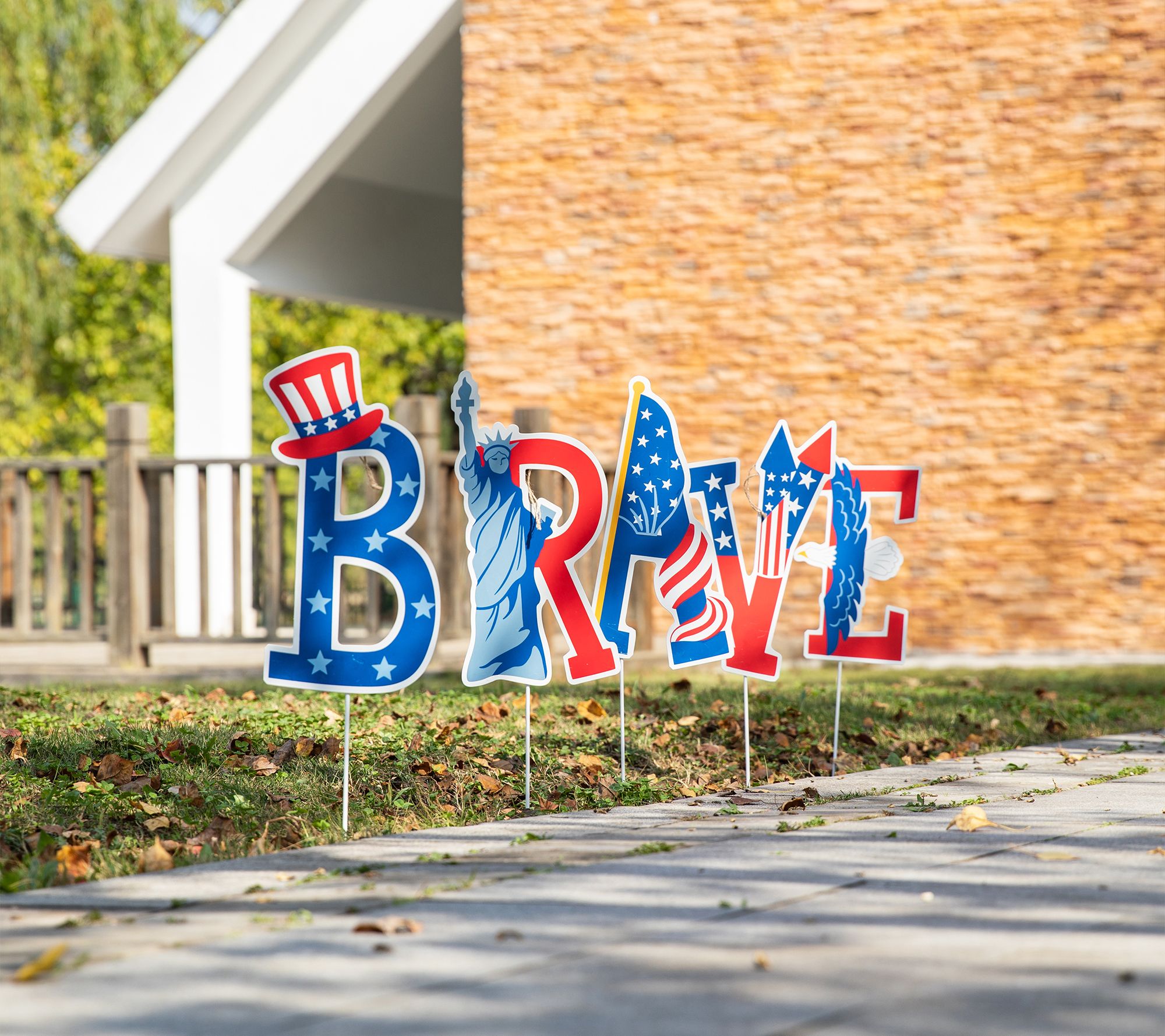 Glitzhome 43" Patriotic Americana BRAVE Yard Stakes S/5 - QVC.com