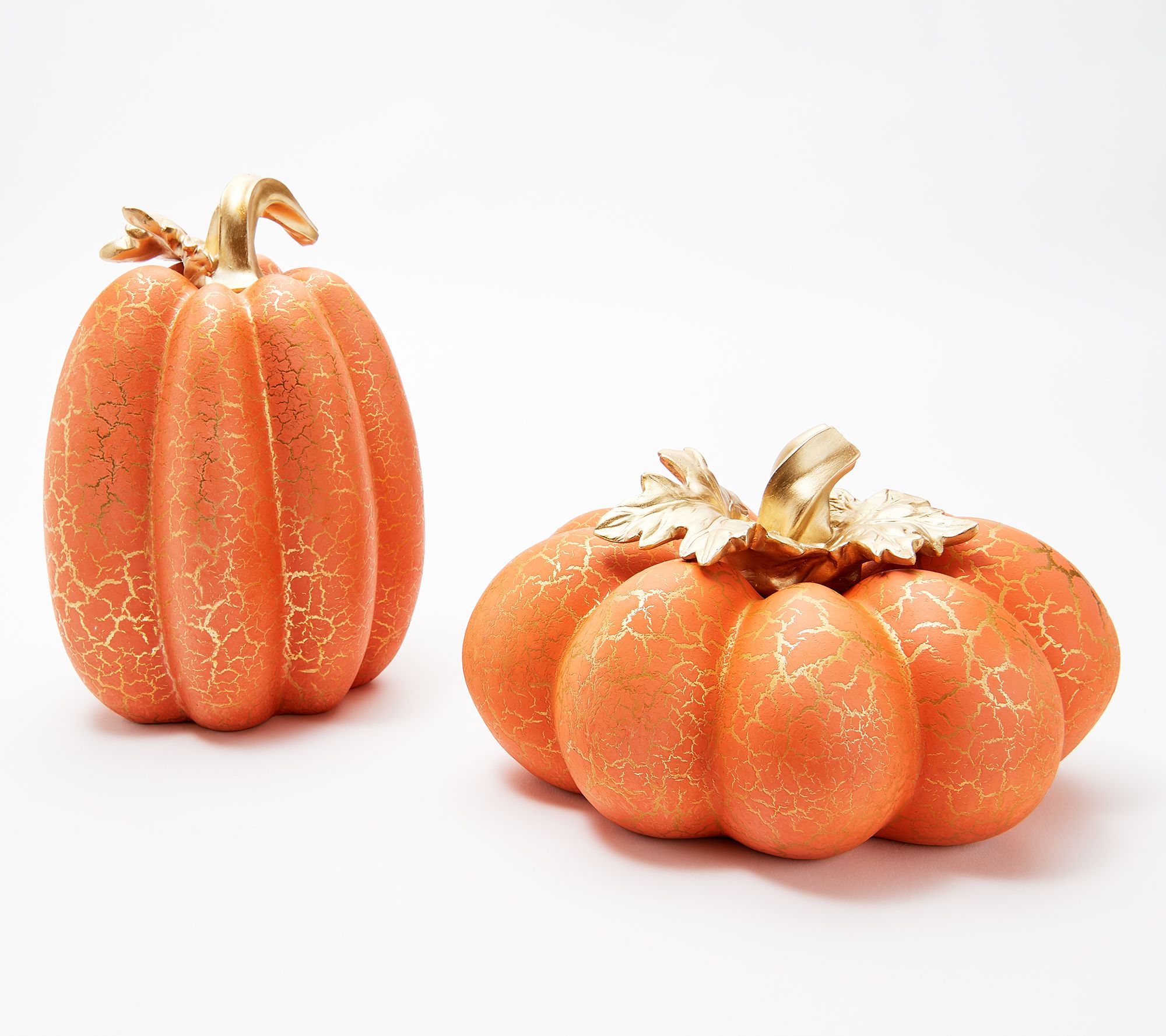 Set of 2 Crackle Finish Pumpkins with Leaves by Valerie - QVC.com