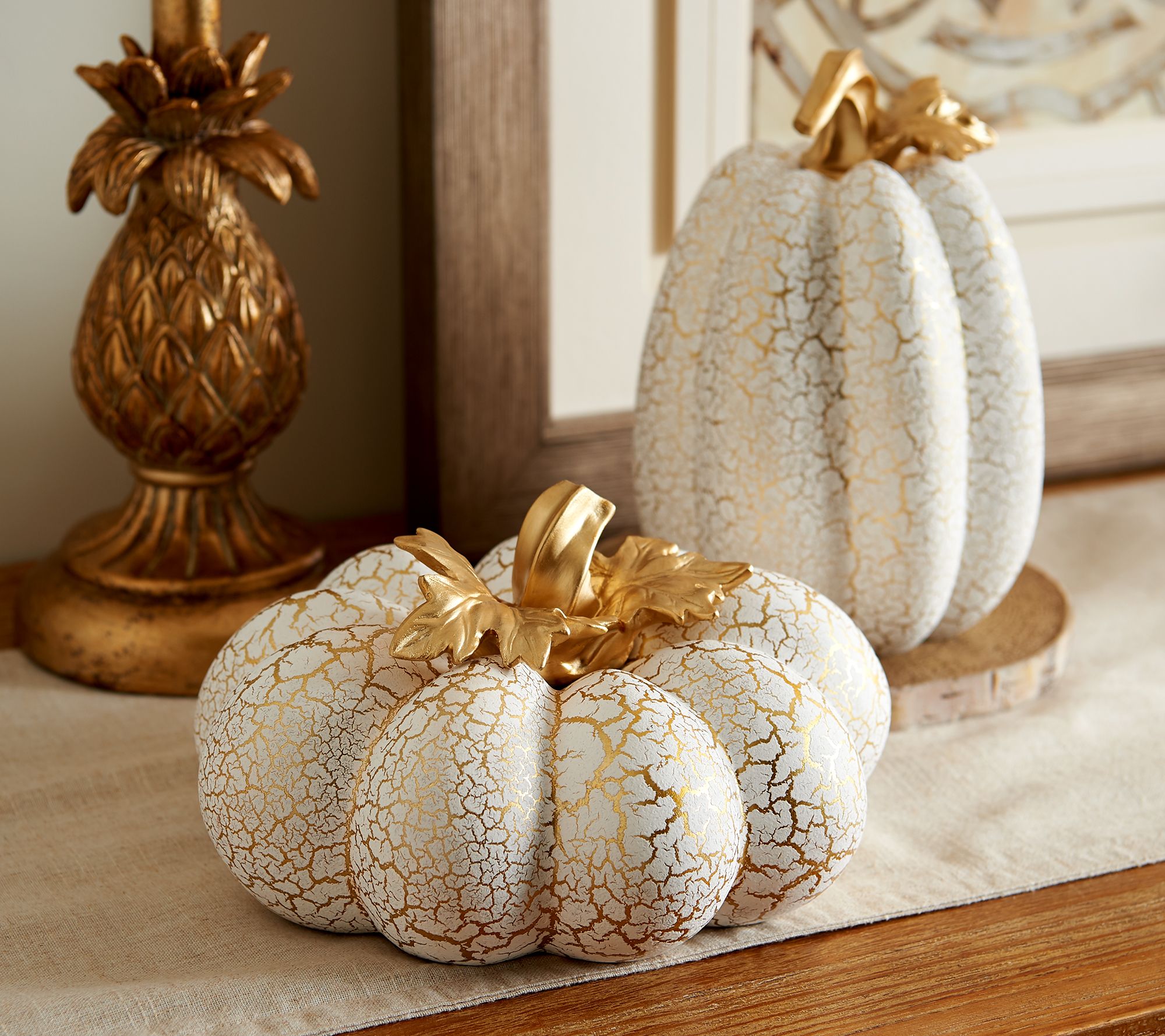 Set of 2 Crackle Finish Pumpkins with Leaves by Valerie - QVC.com