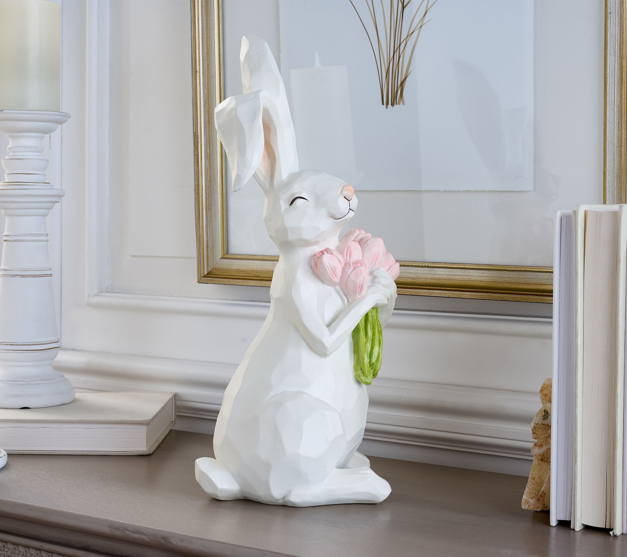 15" Resin Bunny with Pink Flowers by Valerie - QVC.com