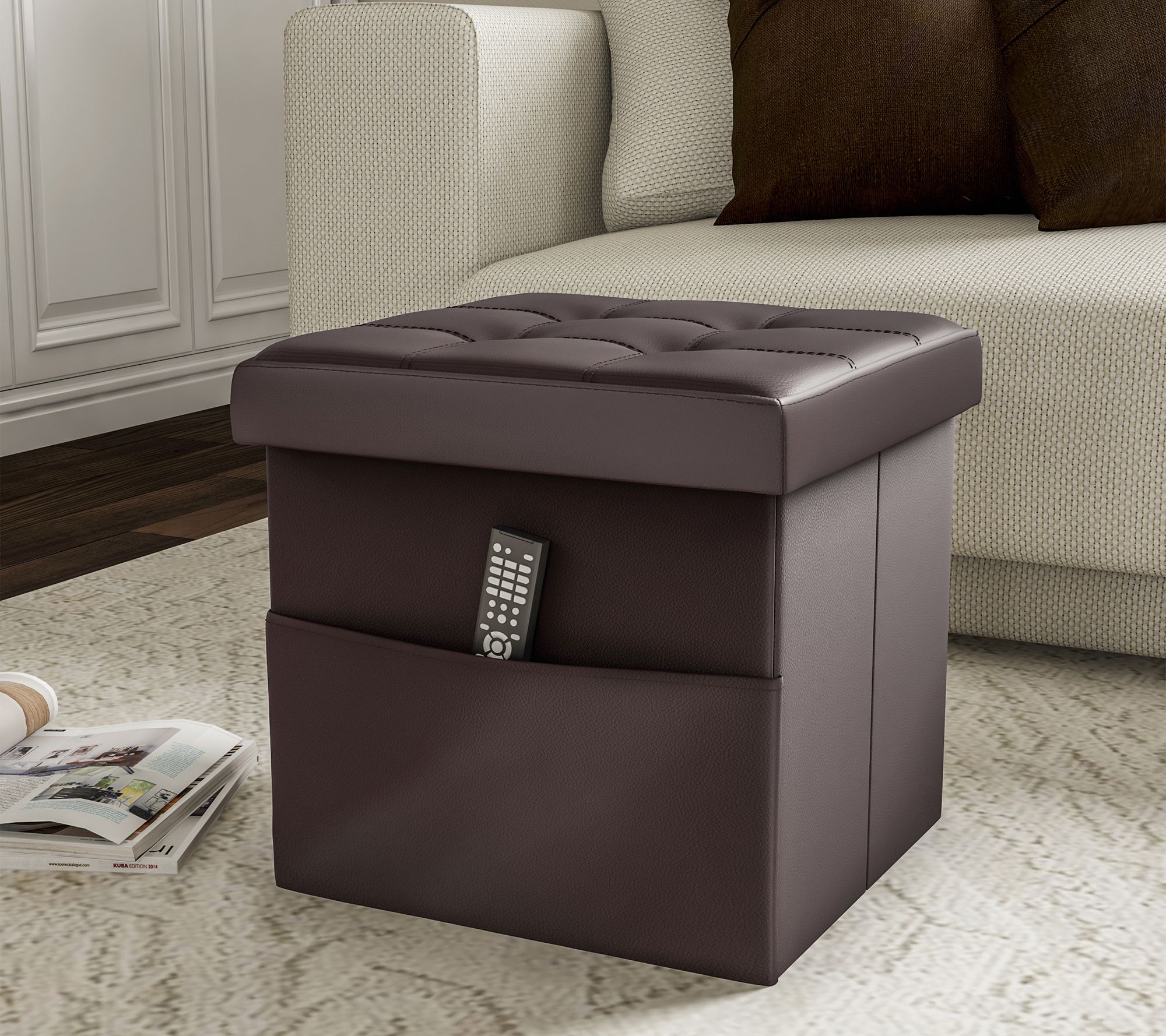Lavish Home Storage Ottoman w/Folding Tufted Faux Leather - QVC.com