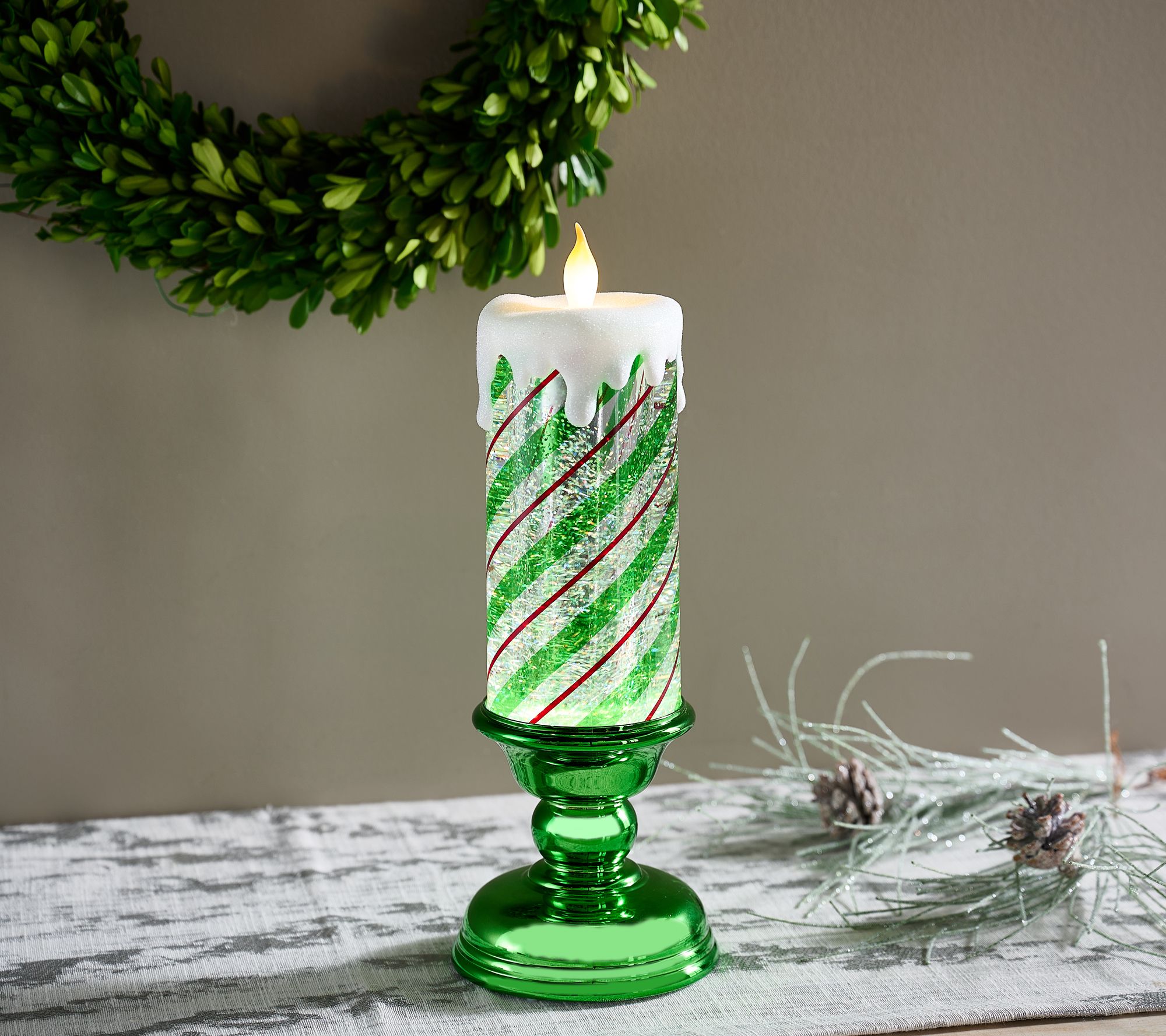 "As Is" 13" Illuminated Peppermint Glitter Candle with Pedestal - QVC.com