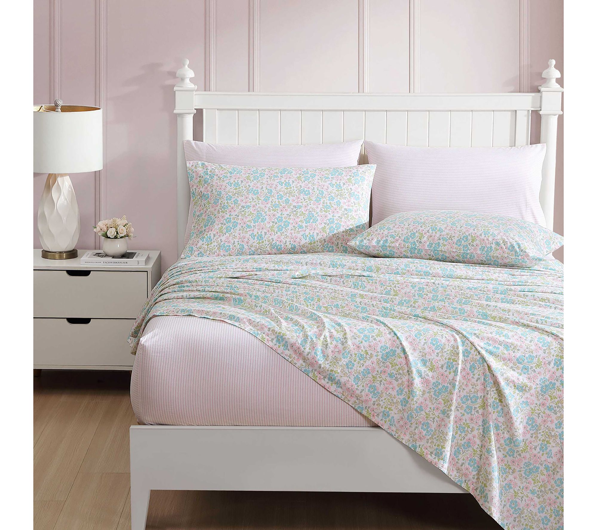 Laura Ashley Jaynie Blue-Pink King Sheet Set - QVC.com
