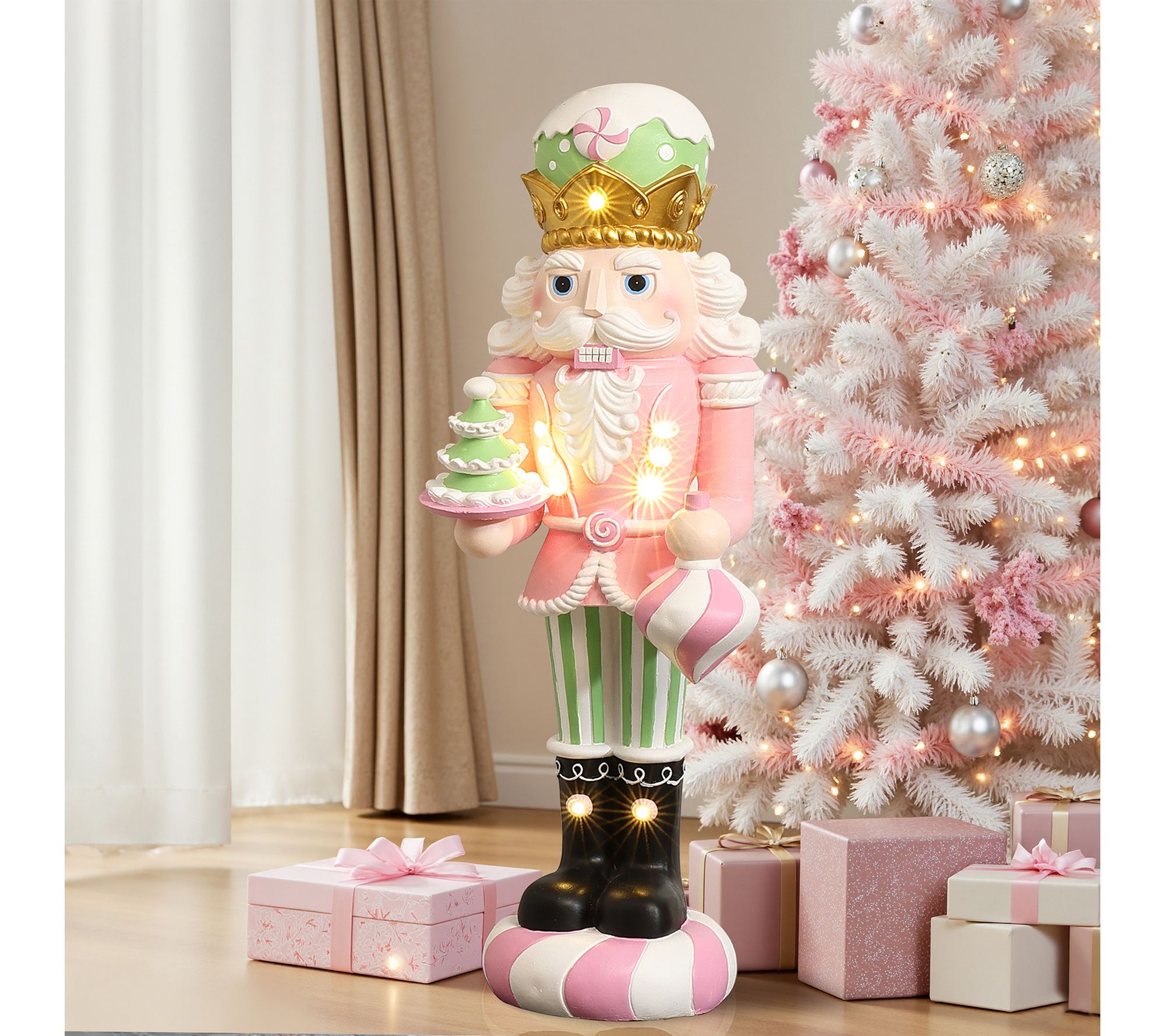 LuxenHome 4Ft Lighted Nutcracker Pink Soldier with Candy Tree - QVC.com