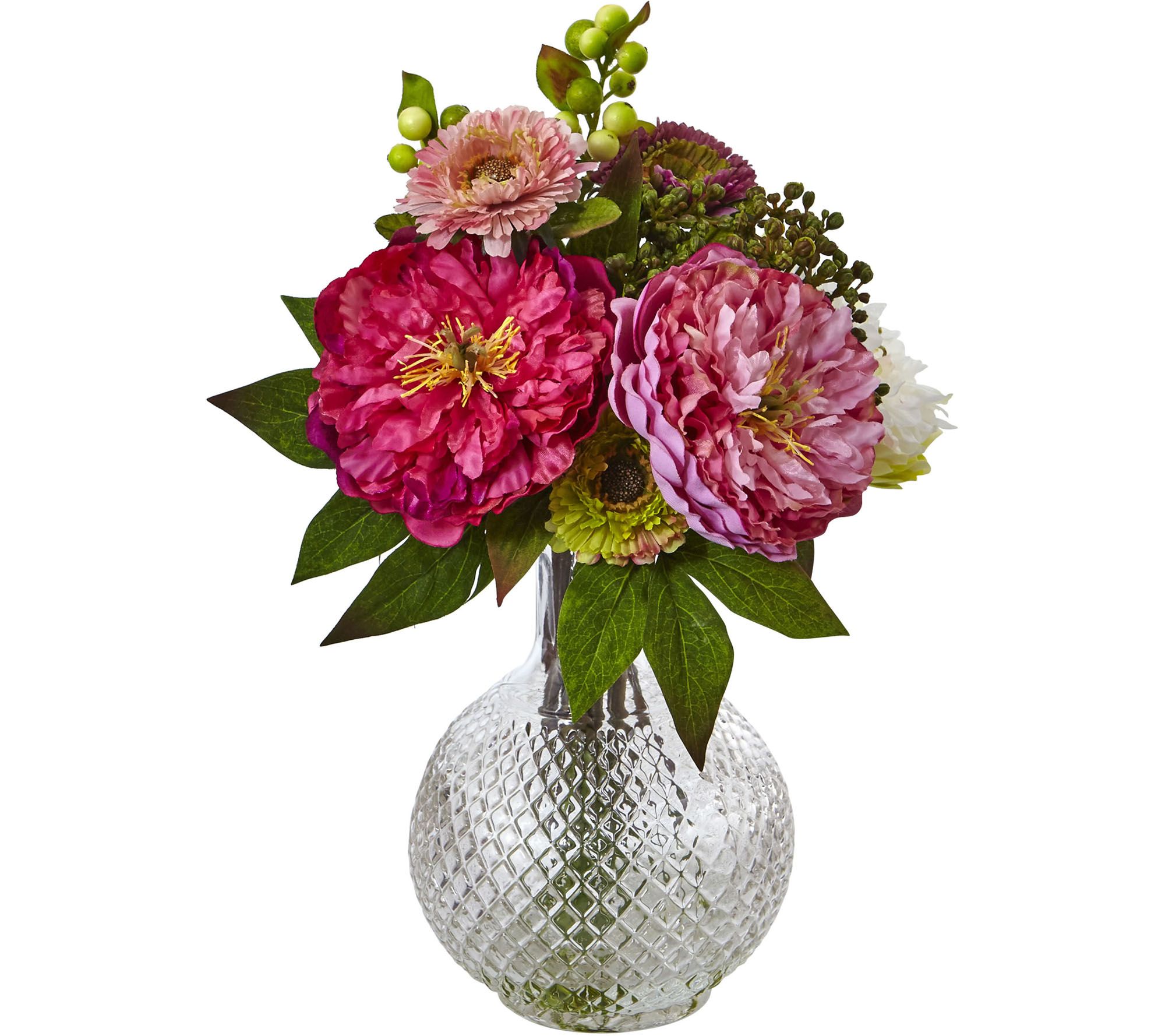 Peony and Mum in Glass Vase by Nearly Natural - QVC.com