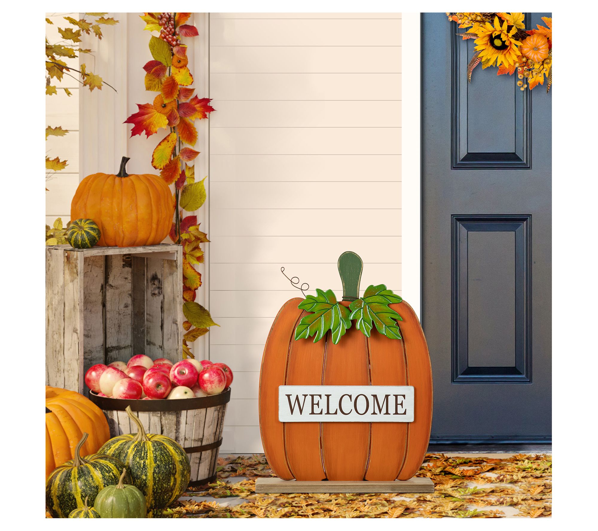 Glitzhome 27"H Fall Wood/Metal "WELCOME" Pumpkin Porch Decor - QVC.com