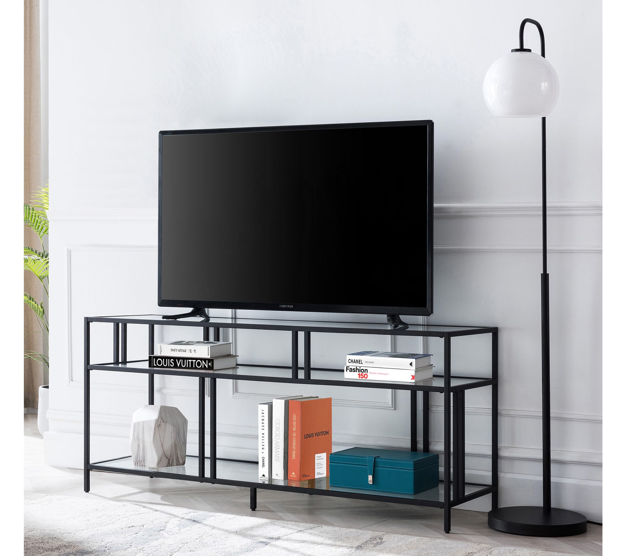 Hudson&Canal Cortland Rectangular TV Stand withGlass Shelves - QVC.com