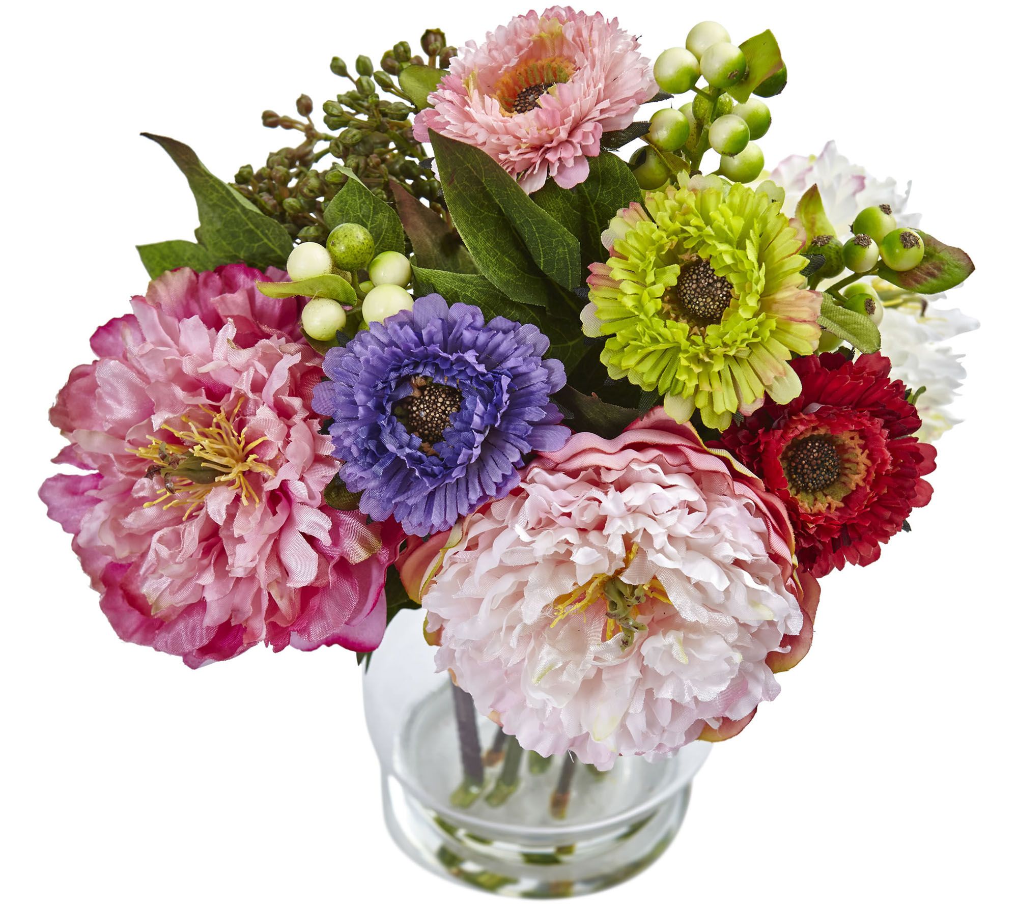 Peony and Mum in Glass Vase by Nearly Natural - QVC.com