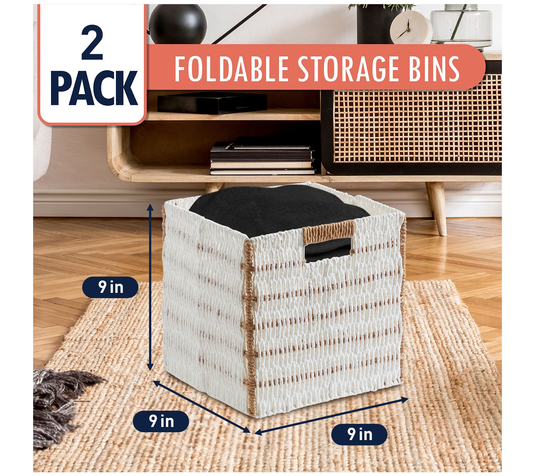 Ornavo 2pk 9" Wicker Paper Storage Basket CubeBin with Handle - QVC.com