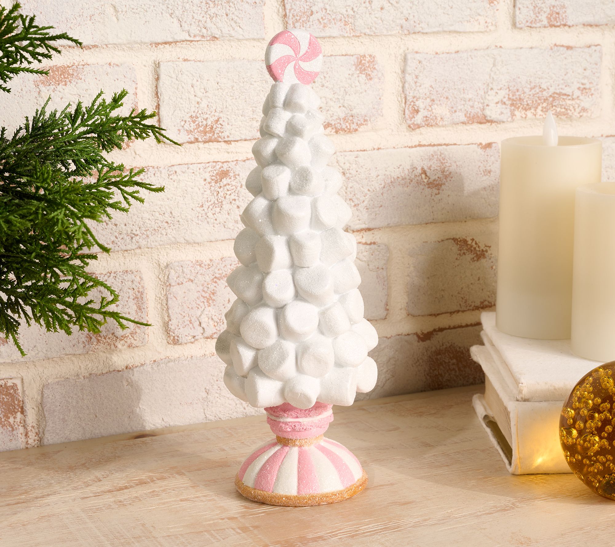 "As Is" 12" Glittered Marshmallow Tree with Peppermint - QVC.com