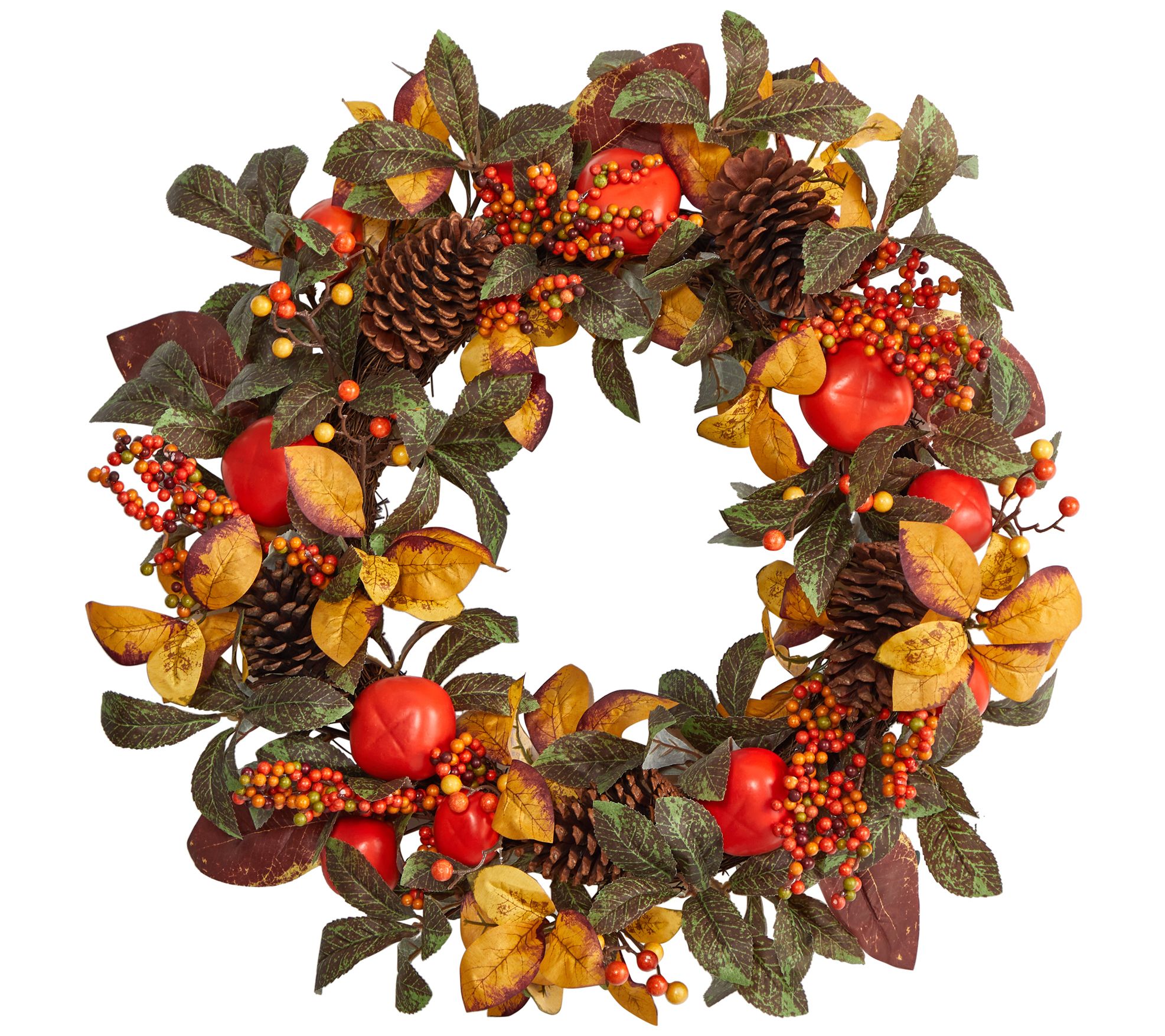 Nearly Natural 26" Persimmon & Pinecones Fall W reath - QVC.com