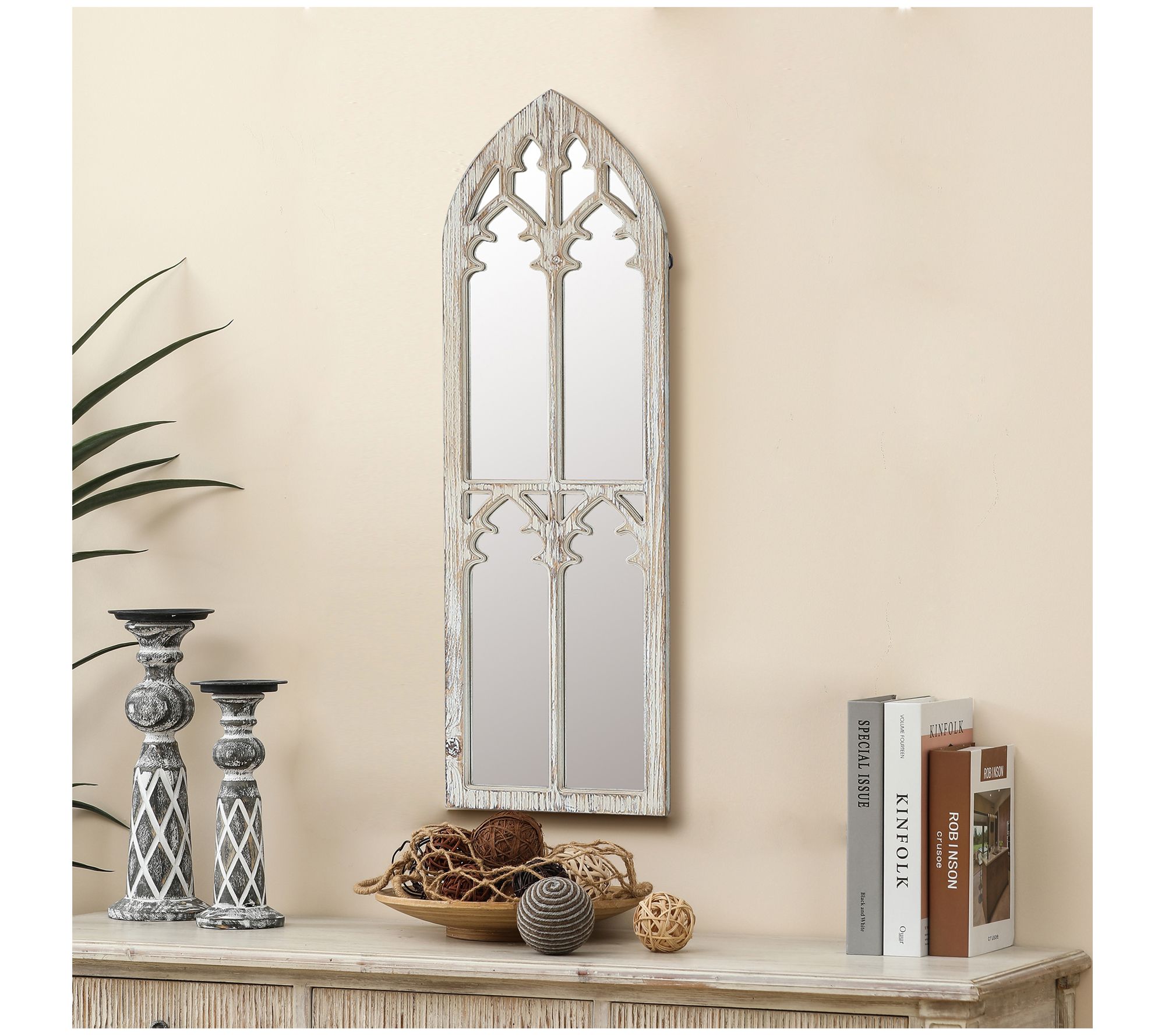 LuxenHome Distressed White Wood Cathedral Framed Wall Mirror - QVC.com