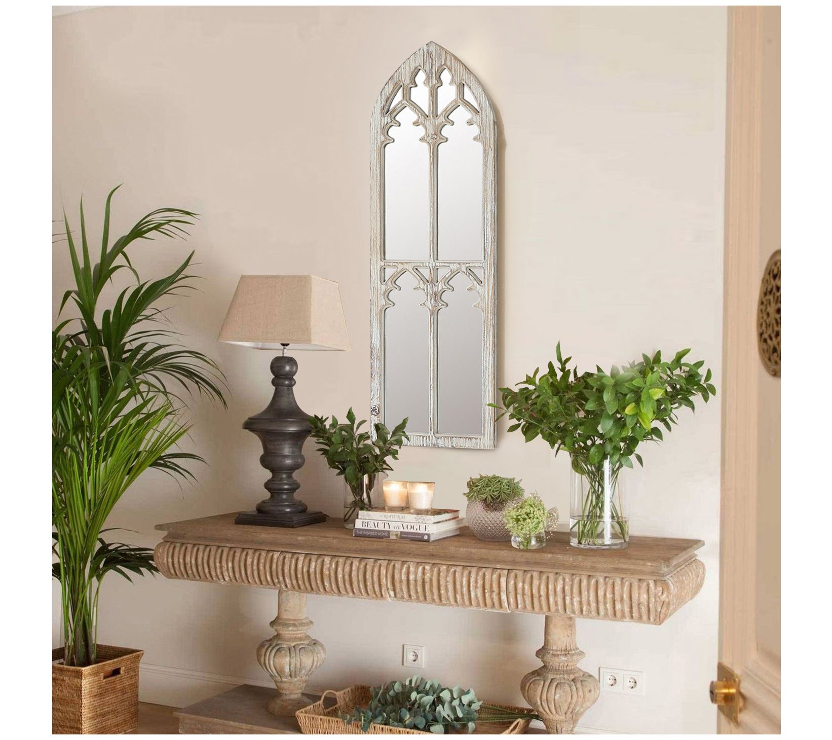 LuxenHome Distressed White Wood Cathedral Framed Wall Mirror - QVC.com