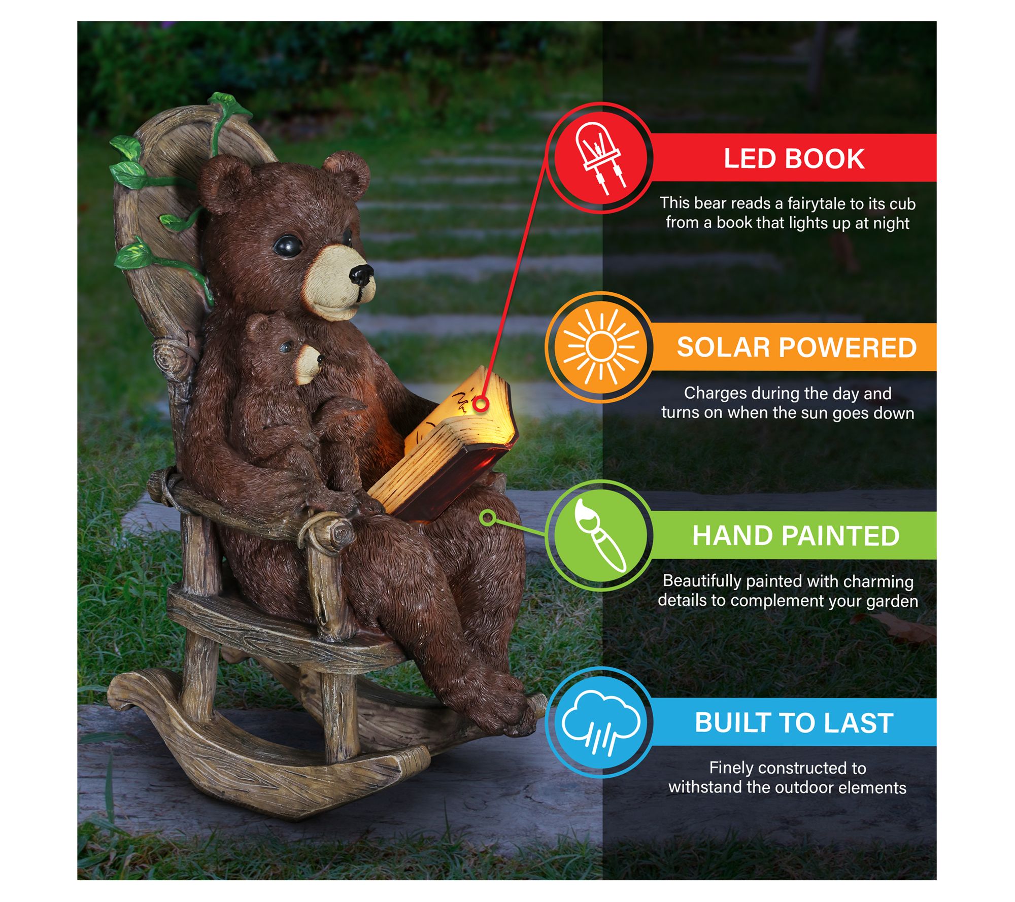 12" Solar Bear Reading Story in Rocking Chair by Exhart - QVC.com