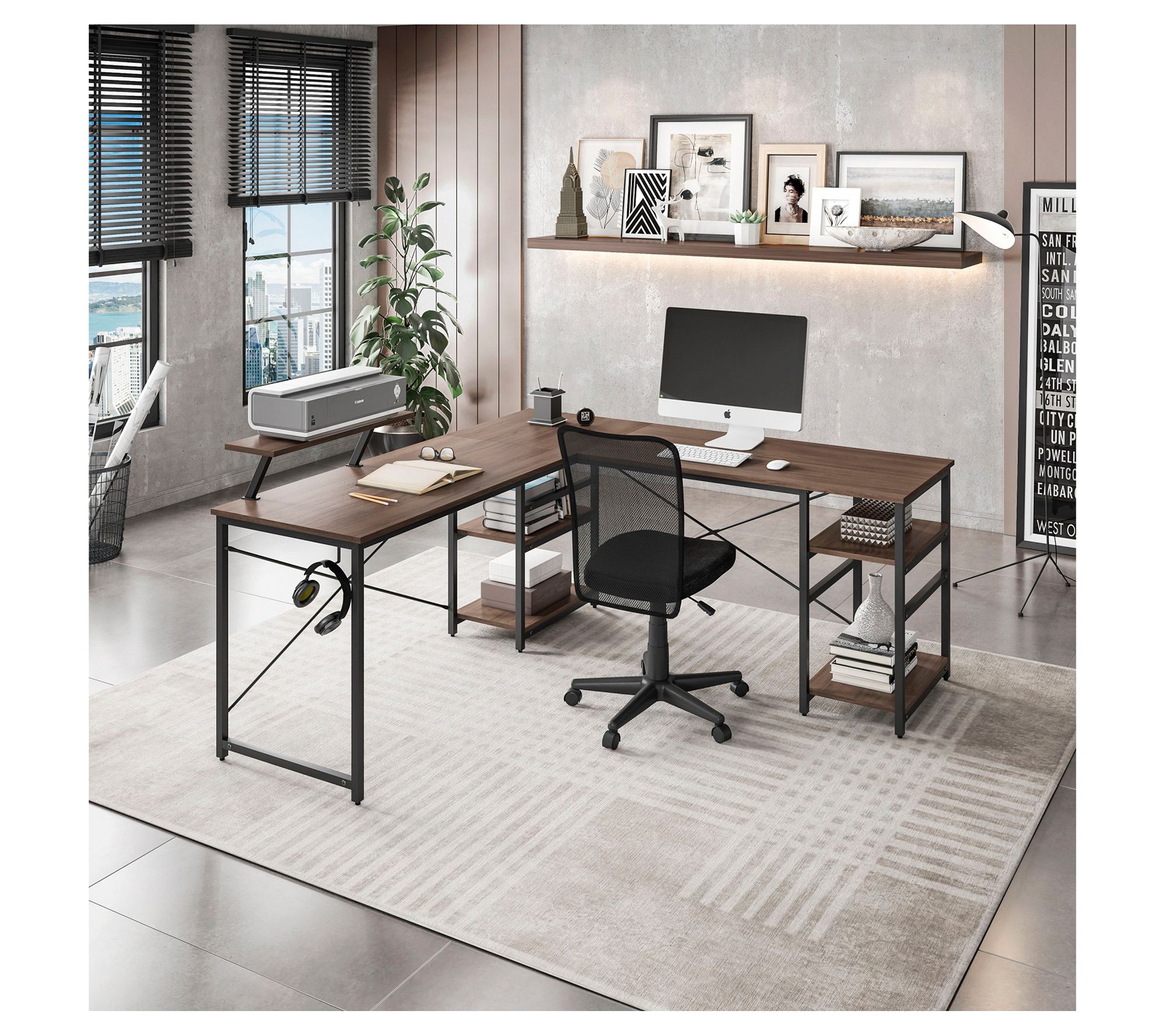 TECHNI MOBILI 59 " W L-Shape Walnut Industrial Desk W/Shelving - QVC.com