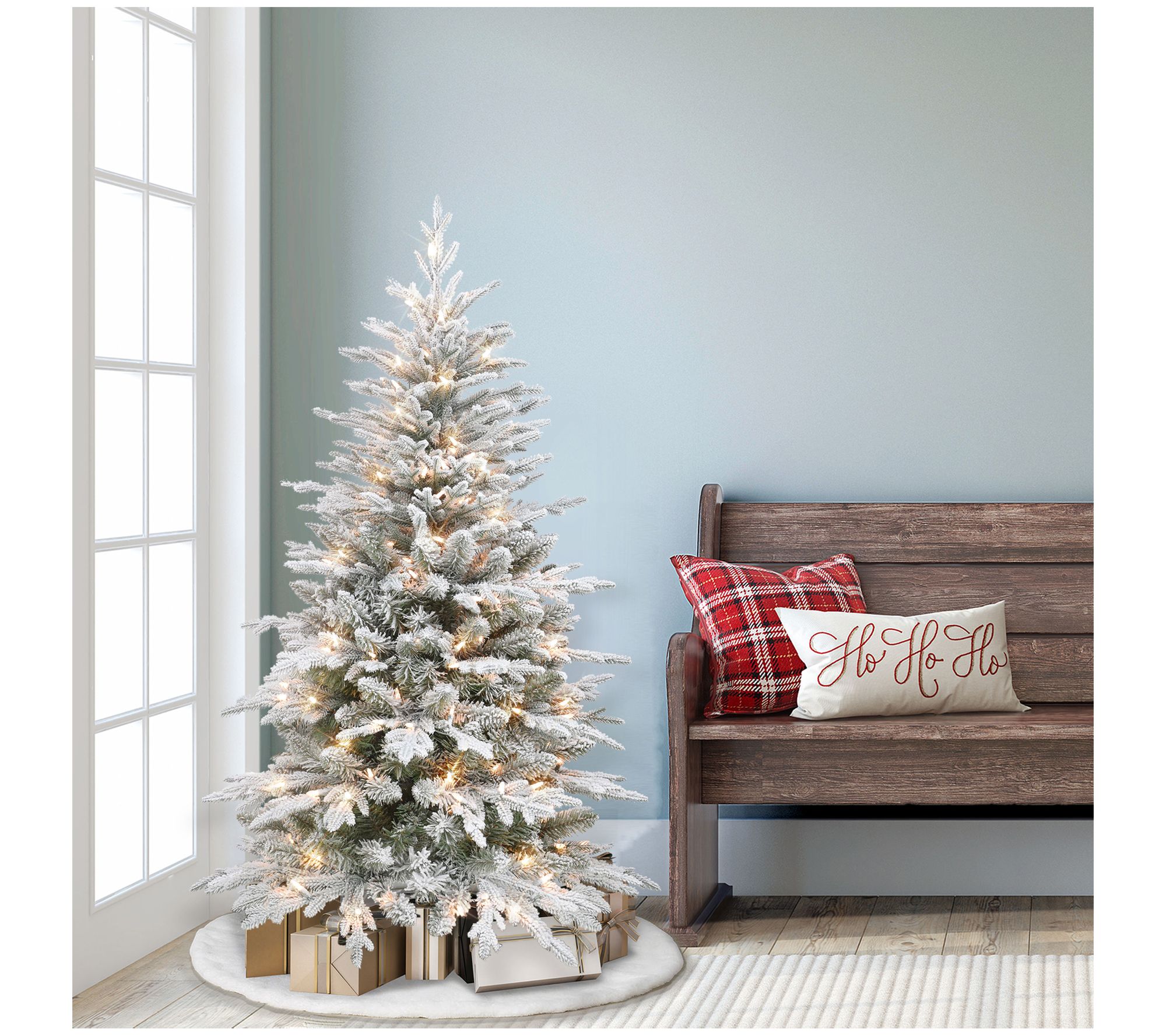 Puleo 4.5 ft Pre-lit Flocked Slim Northern Fir Tree, 1009 Tip - QVC.com
