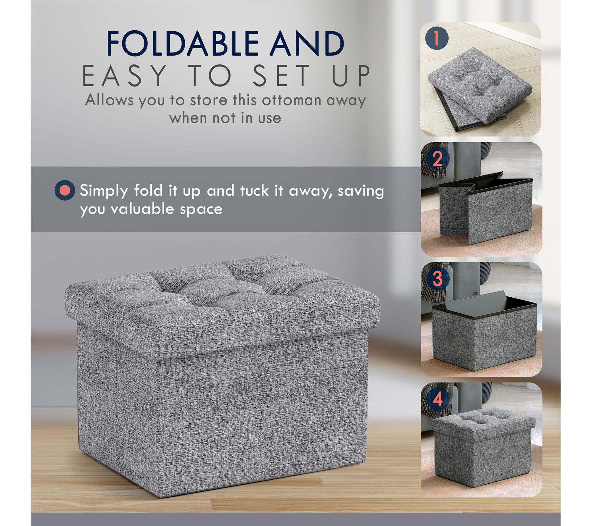 Ornavo Home 2 PK Small Foldable Tufted Linen Storage Ottoman - QVC.com