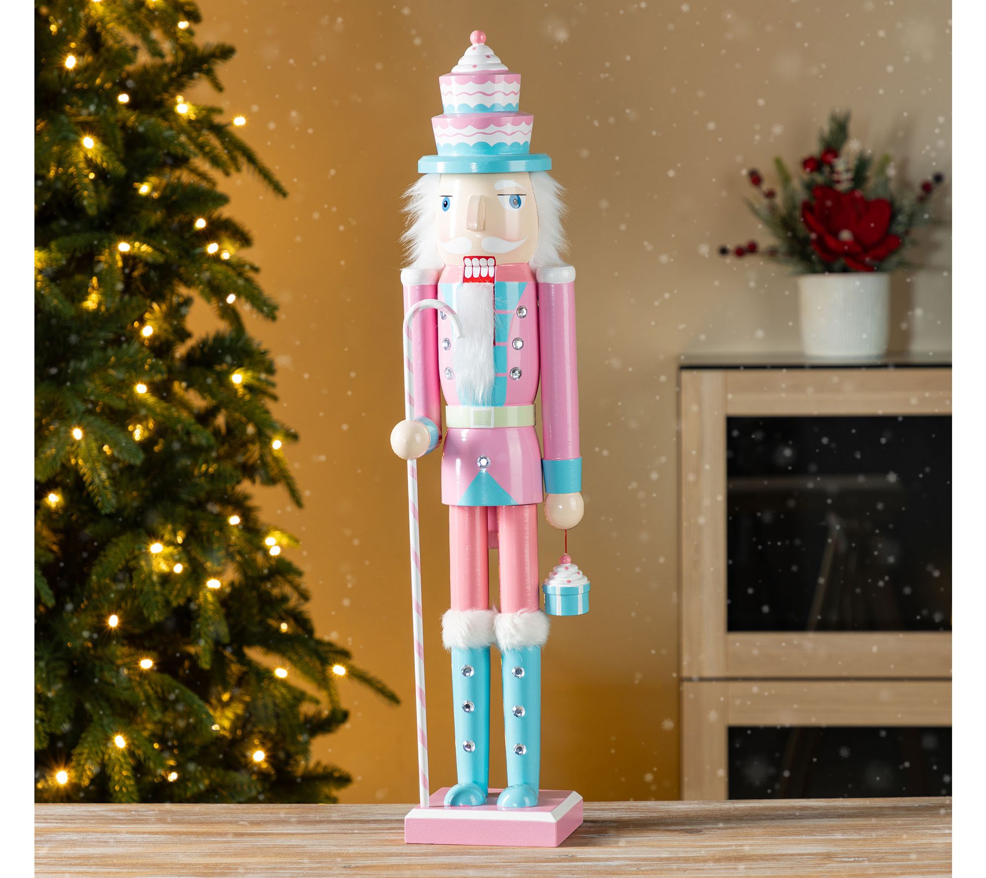 Glitzhome 24"H Wooden Christmas Pink Cake Nutcracker - QVC.com