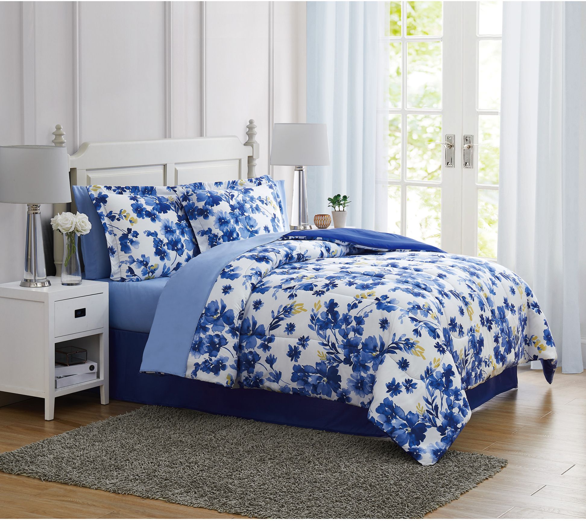 Style 212 Blue Watercolor Floral 8 Piece King B ed in a Bag - QVC.com