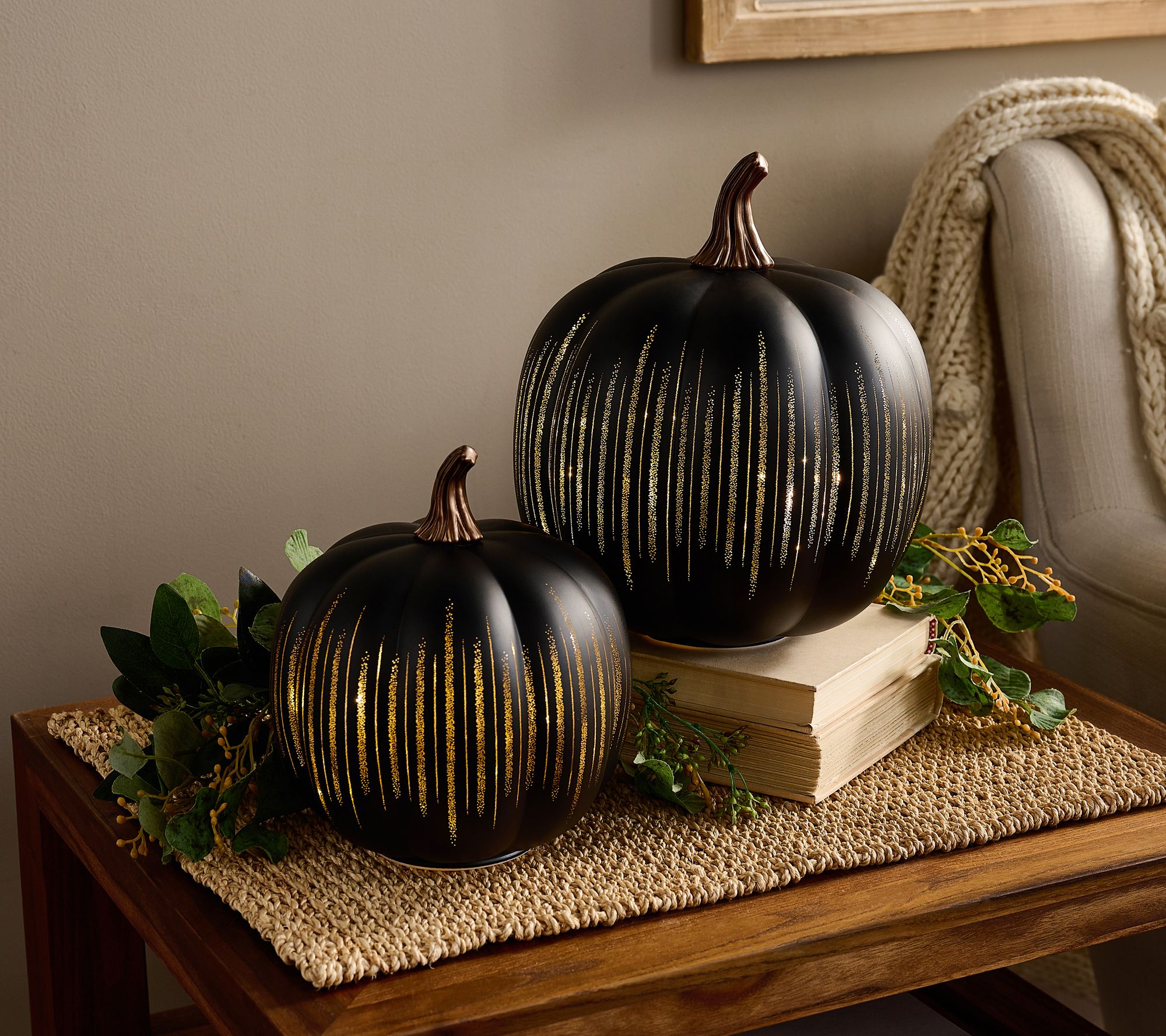 Set of 2 Illuminated Starry Night Glass Pumpkins by Valerie Set of 2 Illuminated Starry Night Glass Pumpkins by Valerie
