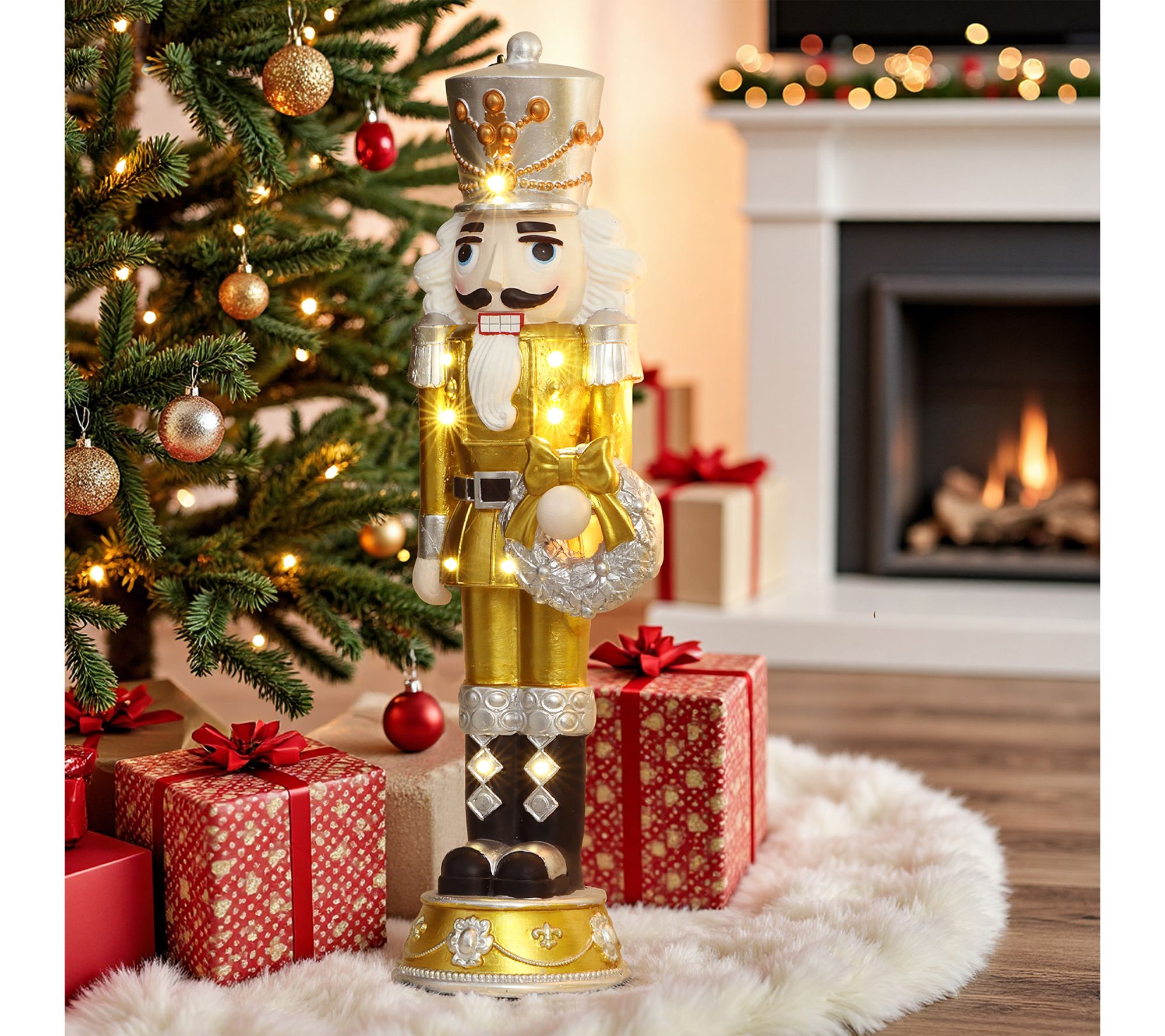 LuxenHome 2ft Lighted Gold Nutcracker with Silver Wreath - QVC.com