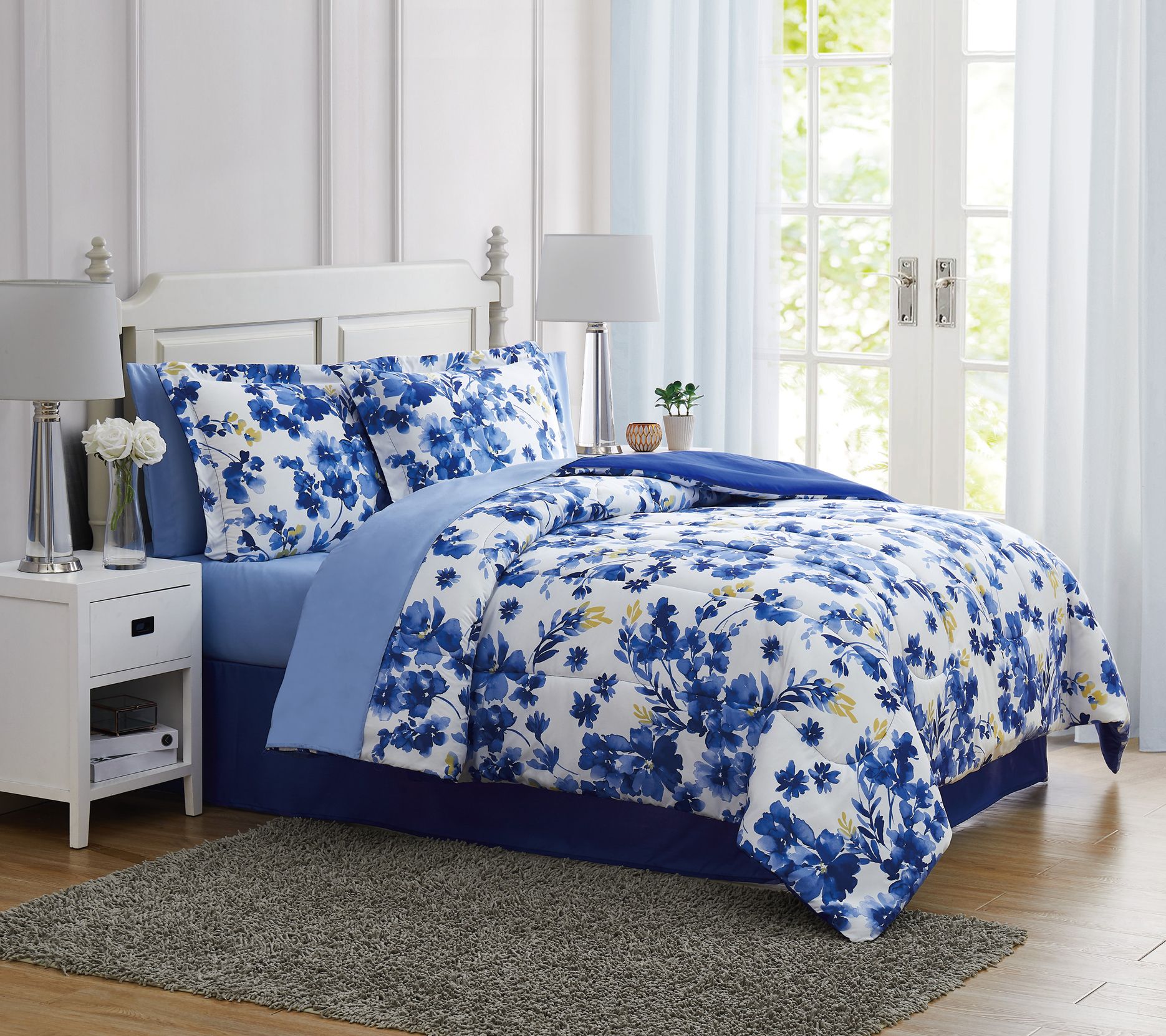 Style 212 Blue Watercolor Floral 8 Piece Queen Bed in a Bag - QVC.com