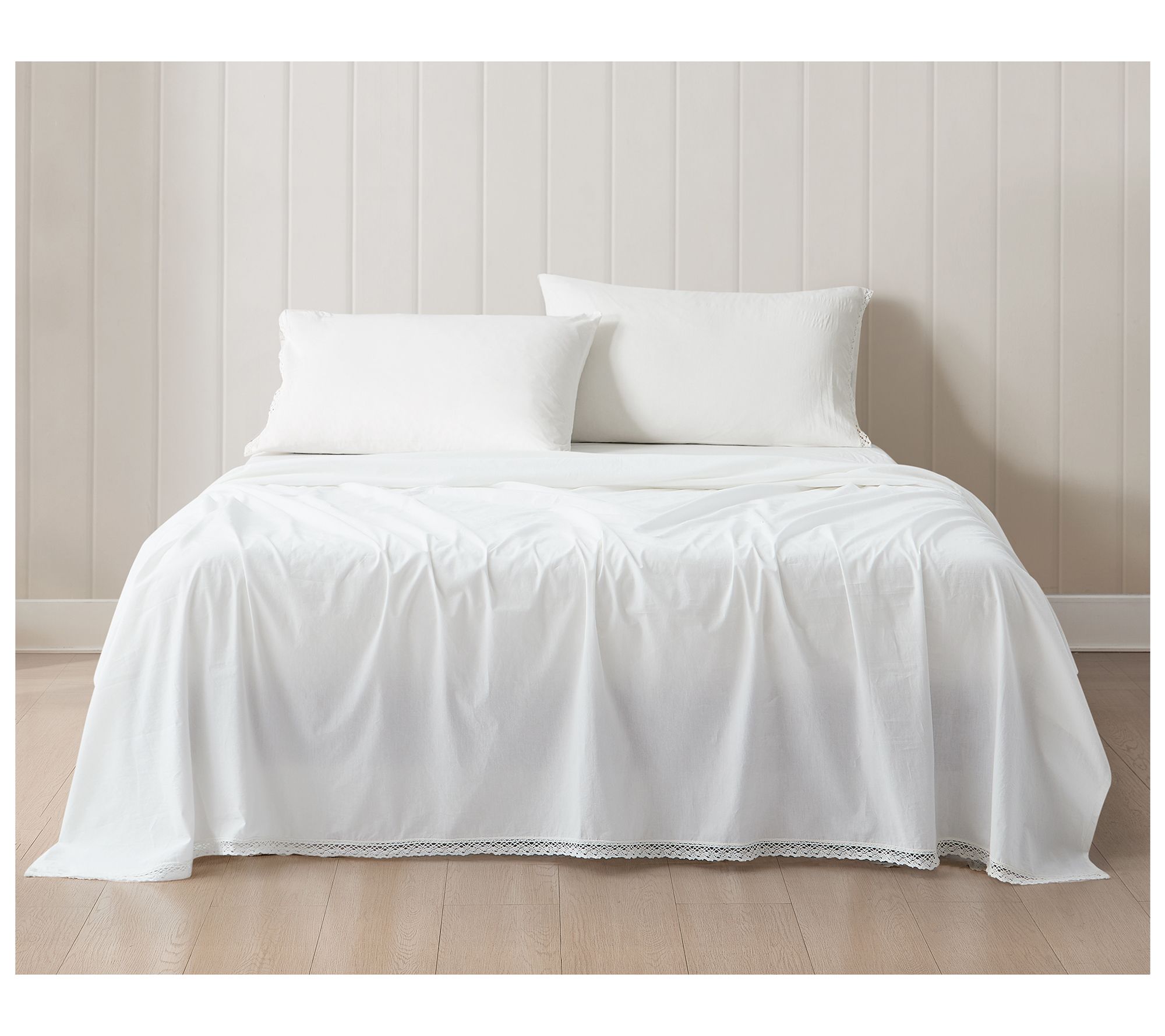 Lush Decor Evelyn Lace Trim Cotton Sheets White4Pc Set Queen - QVC.com