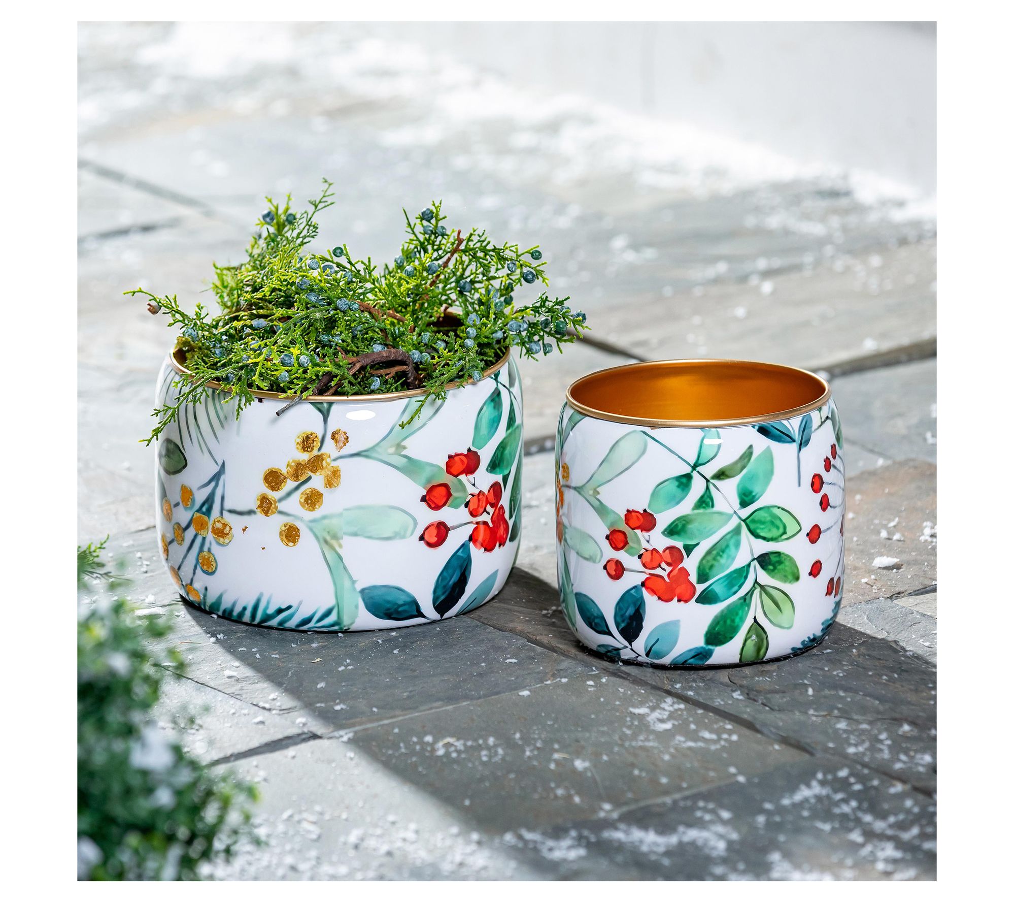 Evergreen Set of 2 Festive Foliage Metal Printed Planters - QVC.com