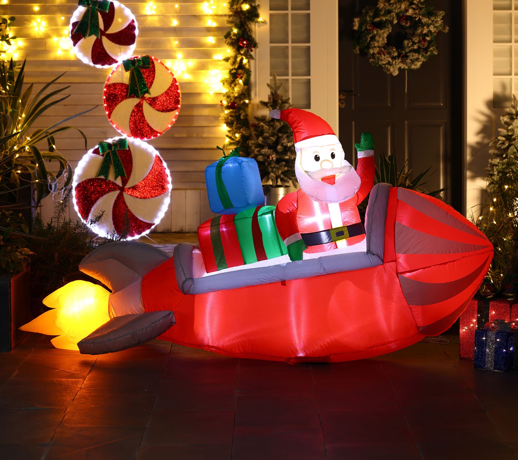 LuxenHome 7' Santa On Rocket Ship Inflatable wi th Lights - QVC.com
