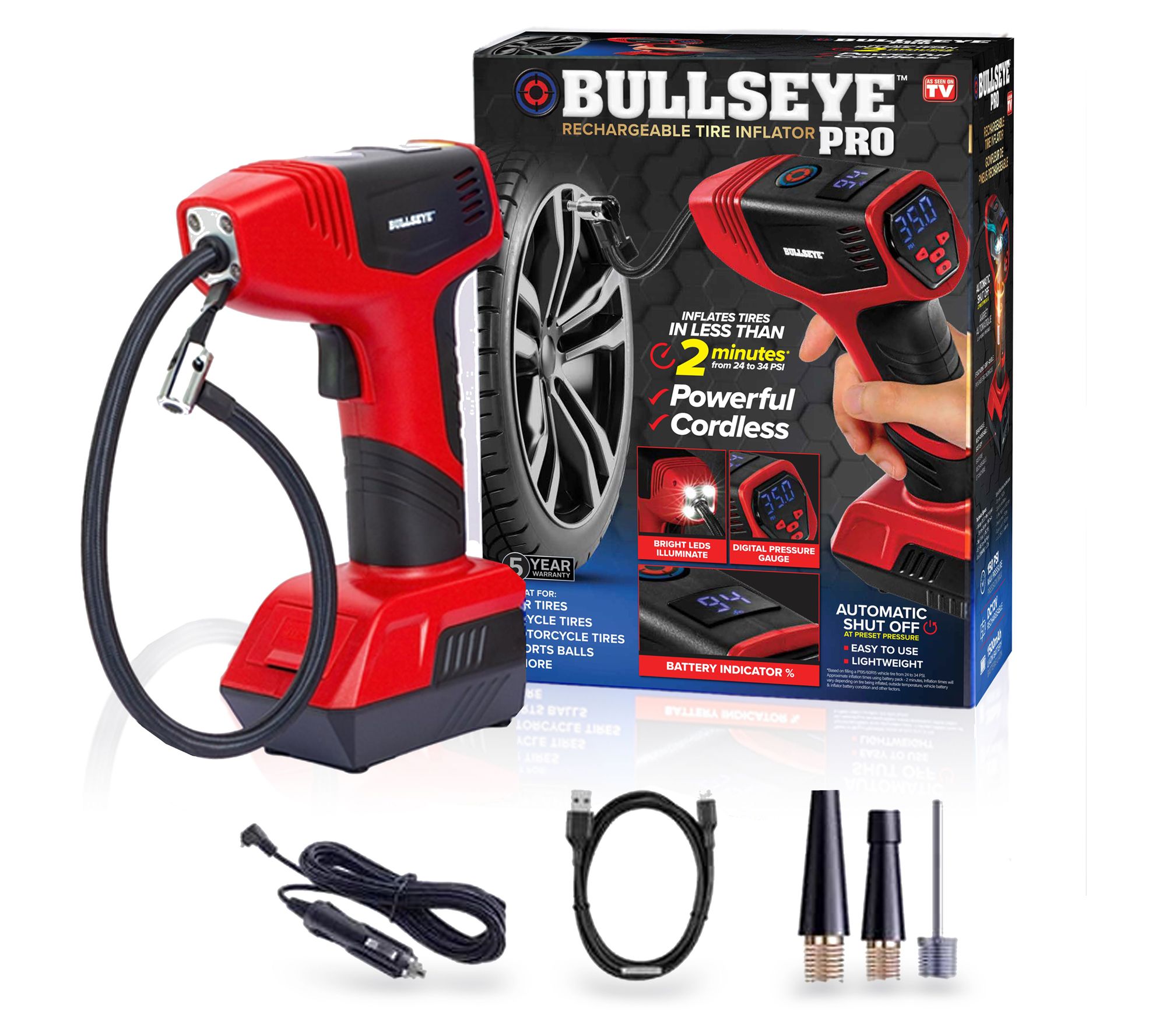 Bullseye Pro Rechargeable Car Tire Air Pump Compressor - QVC.com