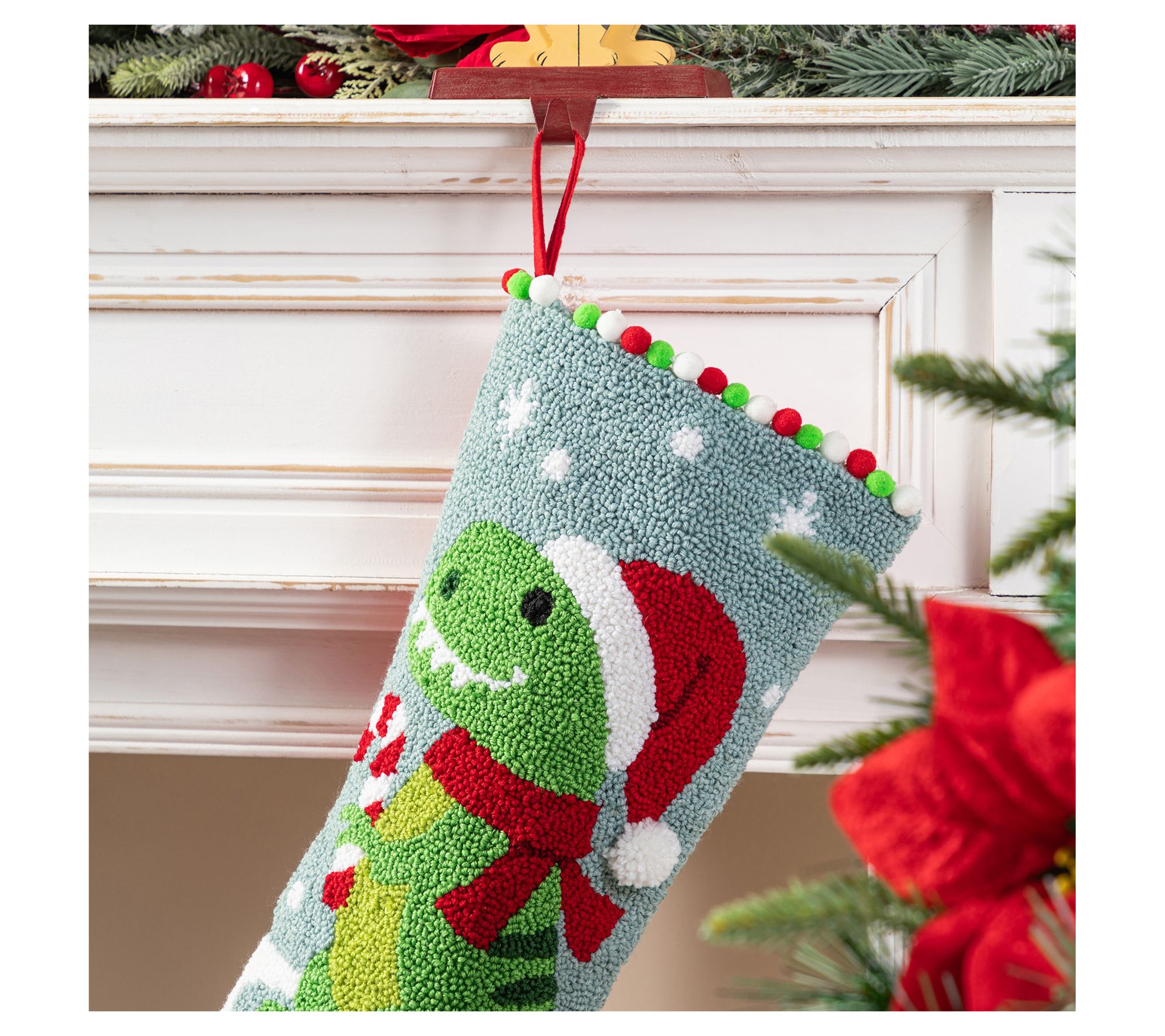 Glitzhome 21"L Hooked Dinosaur Christmas Stocking - QVC.com