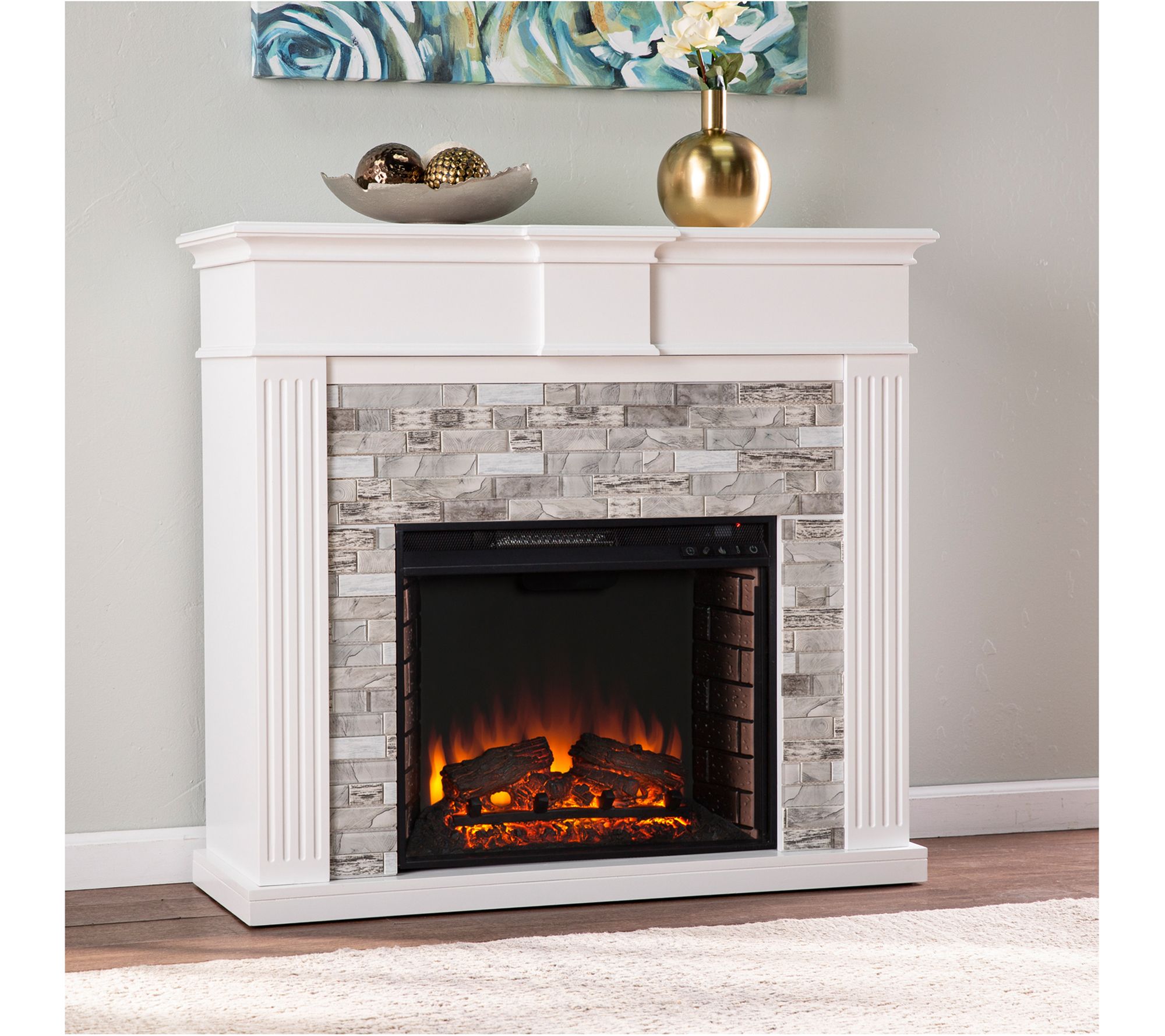 SEI Furniture Bondale Electric Fireplace with F aux Stone - QVC.com