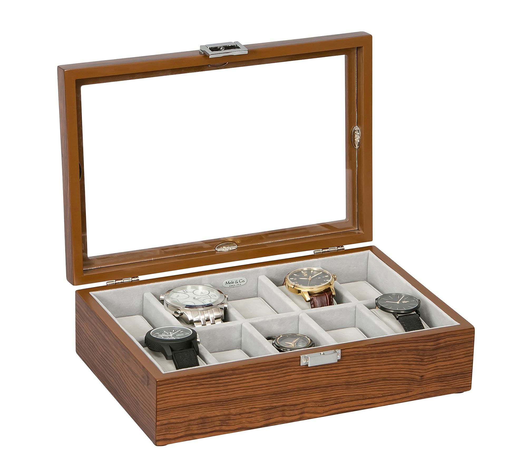 Mele & Co. Jayson Glass Top Watch Box in Mahogany Finish - QVC.com