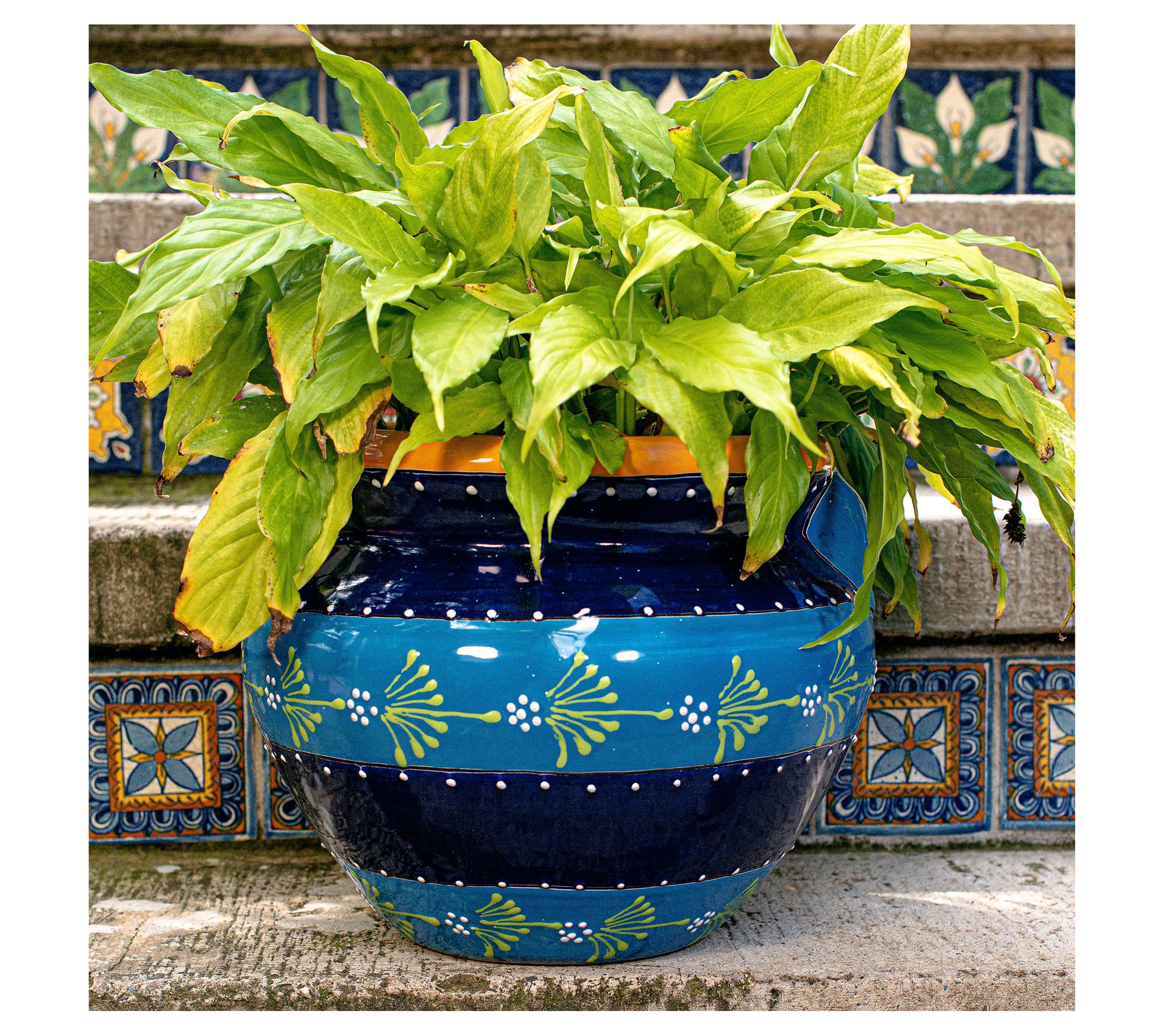 Plow & Hearth Blue Striped Authentic Talavera Chata Planter - QVC.com