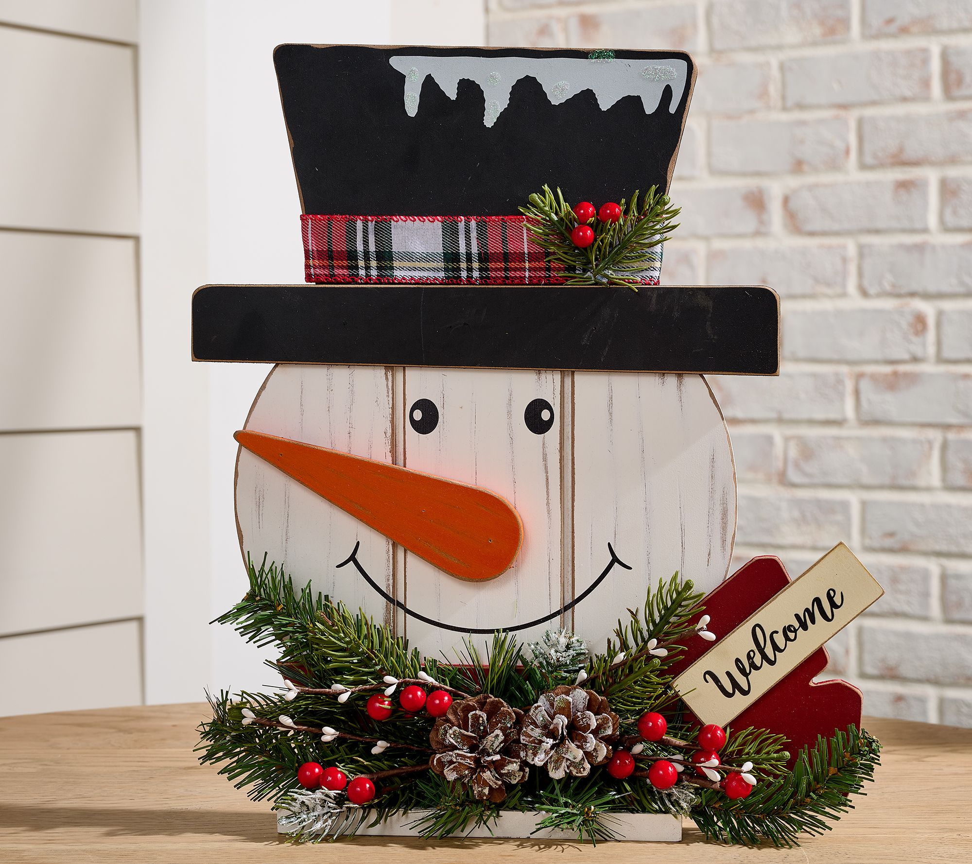 Winter Welcome Sign with Snowman, Pine, and Berries by Valerie - QVC.com