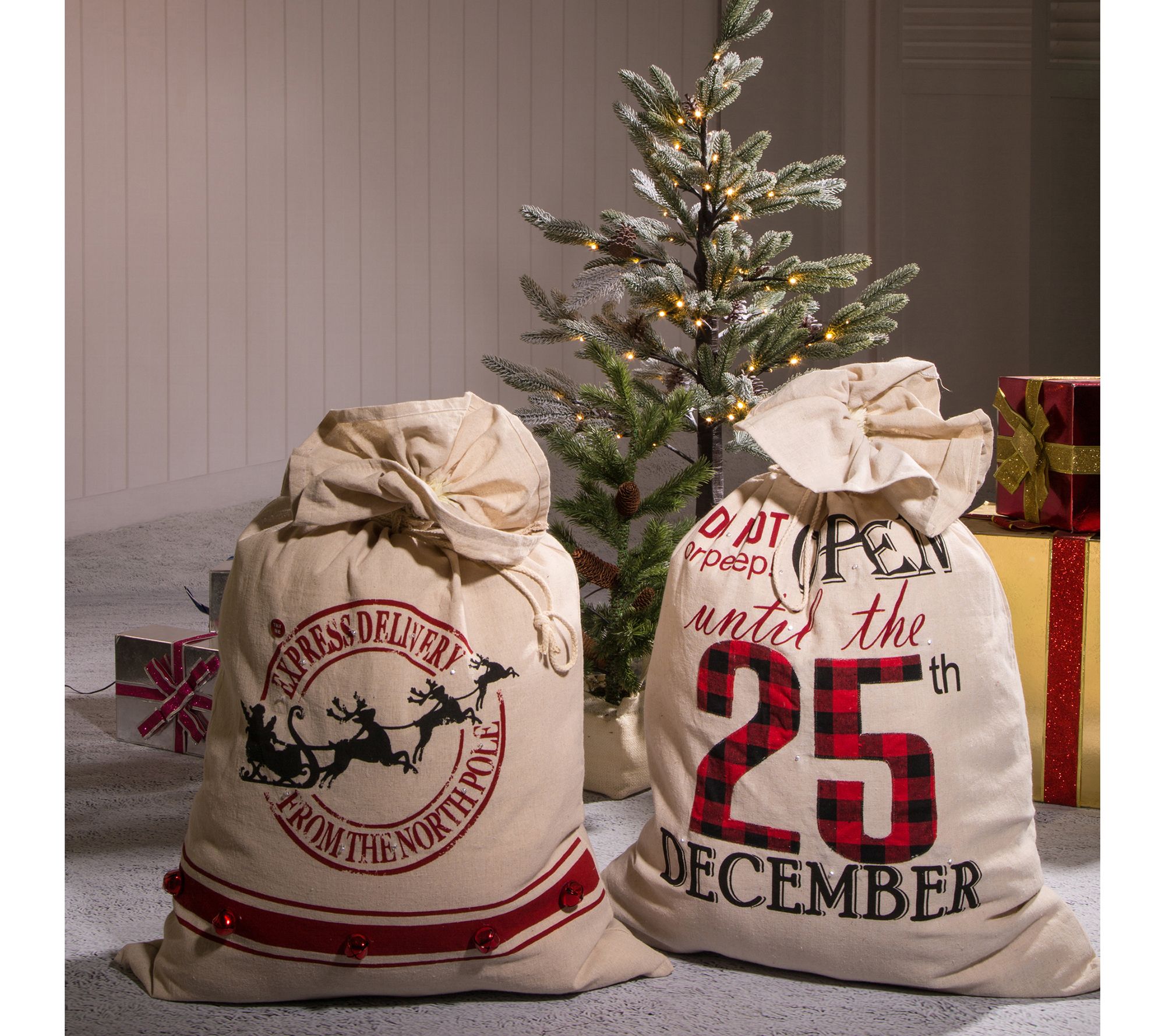 Glitzhome Set of 2 Lighted Santa Christmas Burlap Gift Sack - QVC.com