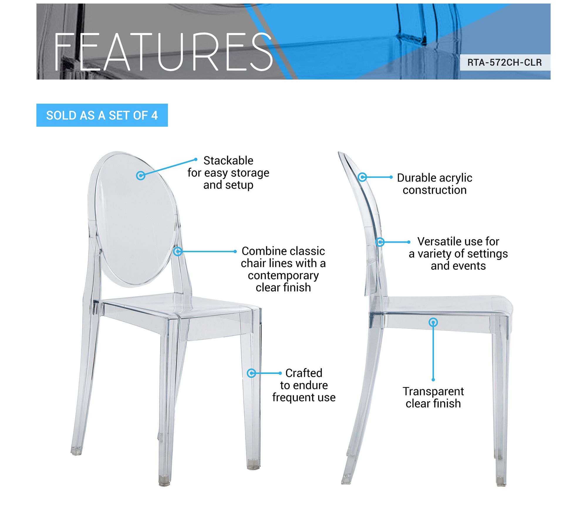 Techni Home Stackable Acrylic Ghost Event Chair- Set of 4 - QVC.com