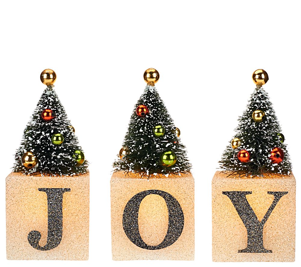 "As Is" 3 piece Illuminated "Joy" Blocks with Trees by Valerie - QVC.com