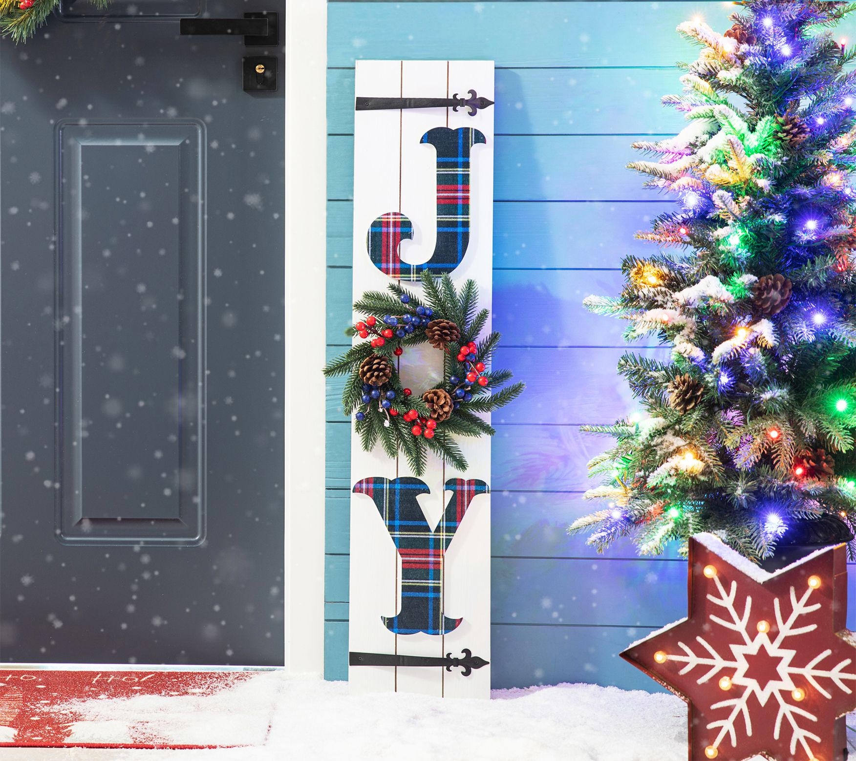 Glitzhome 36" Wood Plaid Joy Porch Sign withWreath - QVC.com