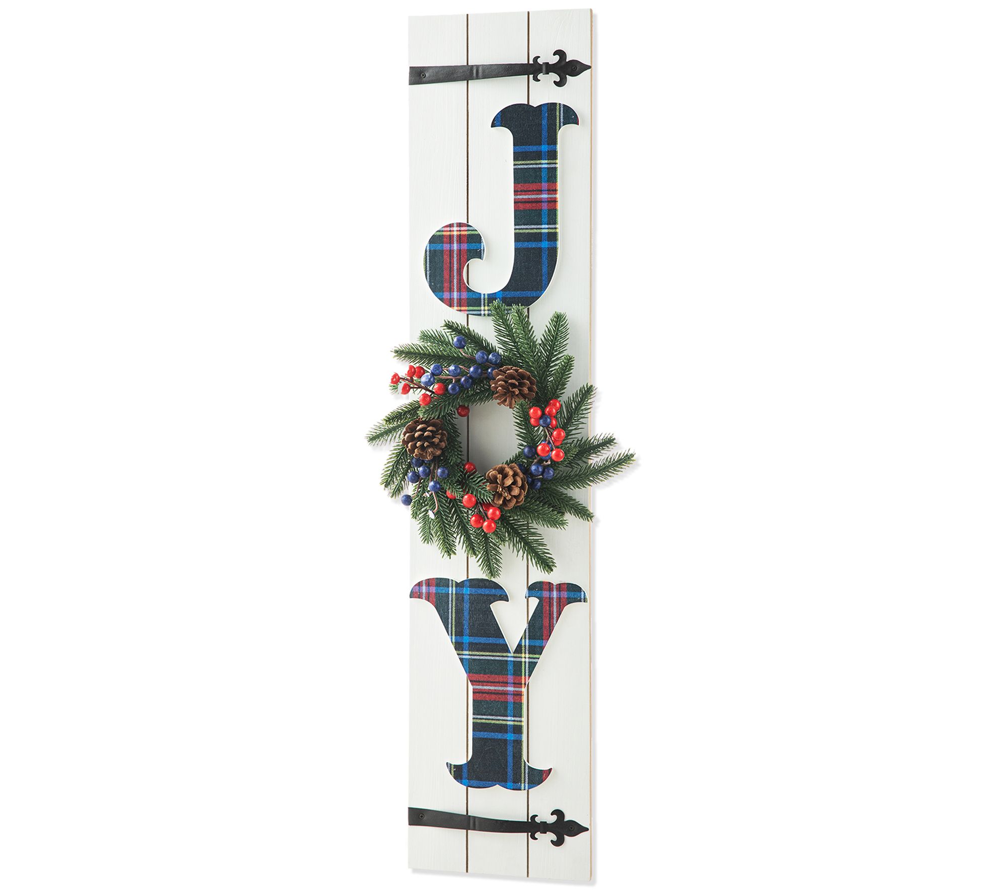 Glitzhome 36" Wood Plaid Joy Porch Sign withWreath - QVC.com