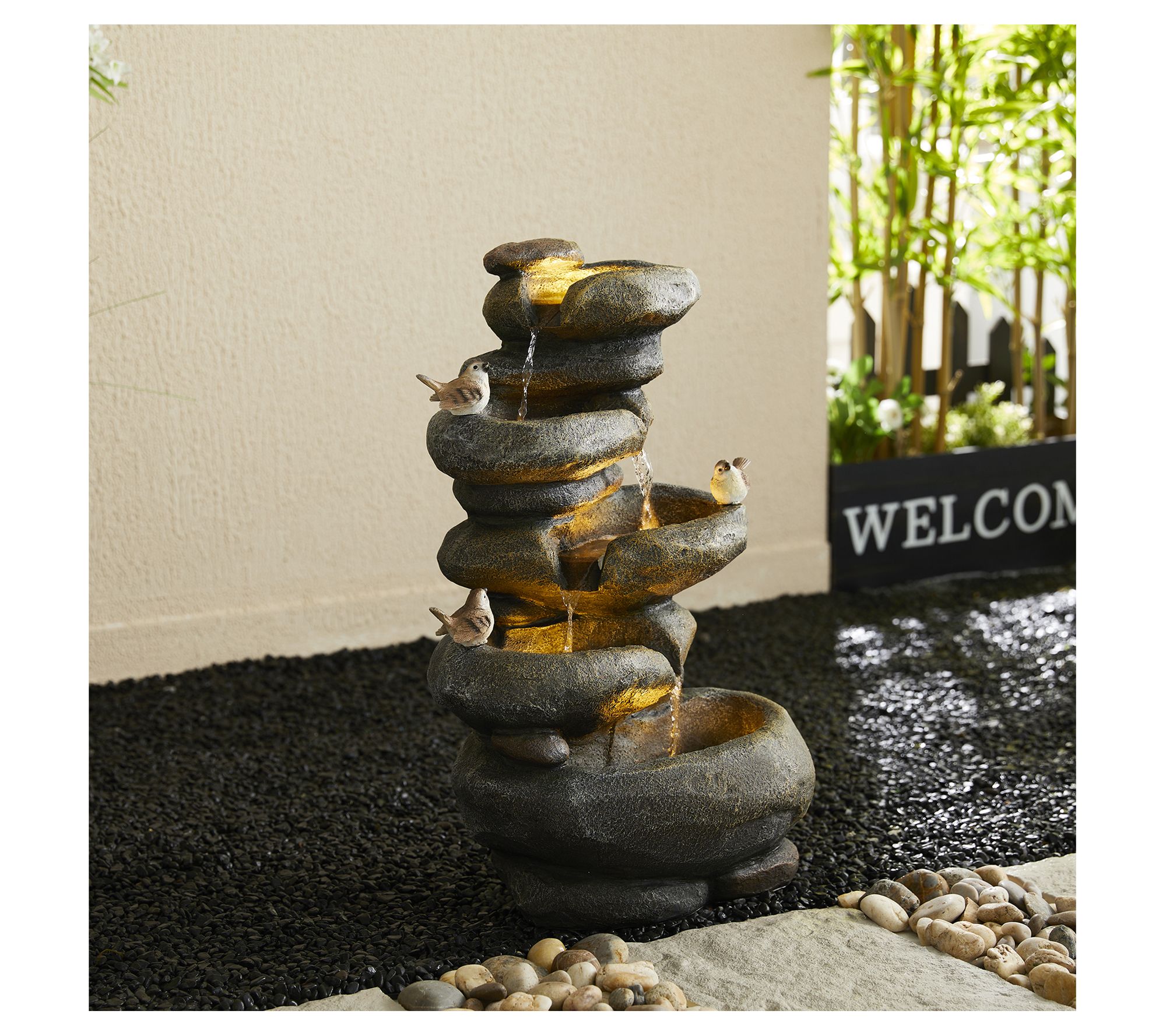 Glitzhome 23'' 5-Tiered LED Lit Stacked Stone Outdoor Fountain - QVC.com